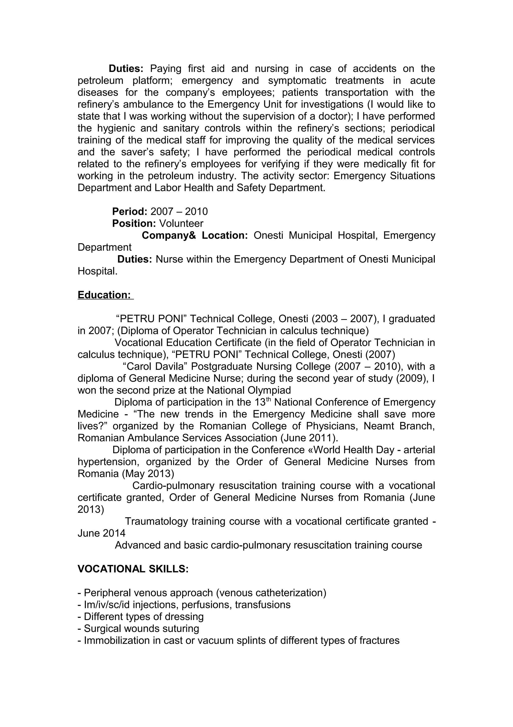 FERENT CRISTIAN - CV eng | DOC | First Aid | Injuries