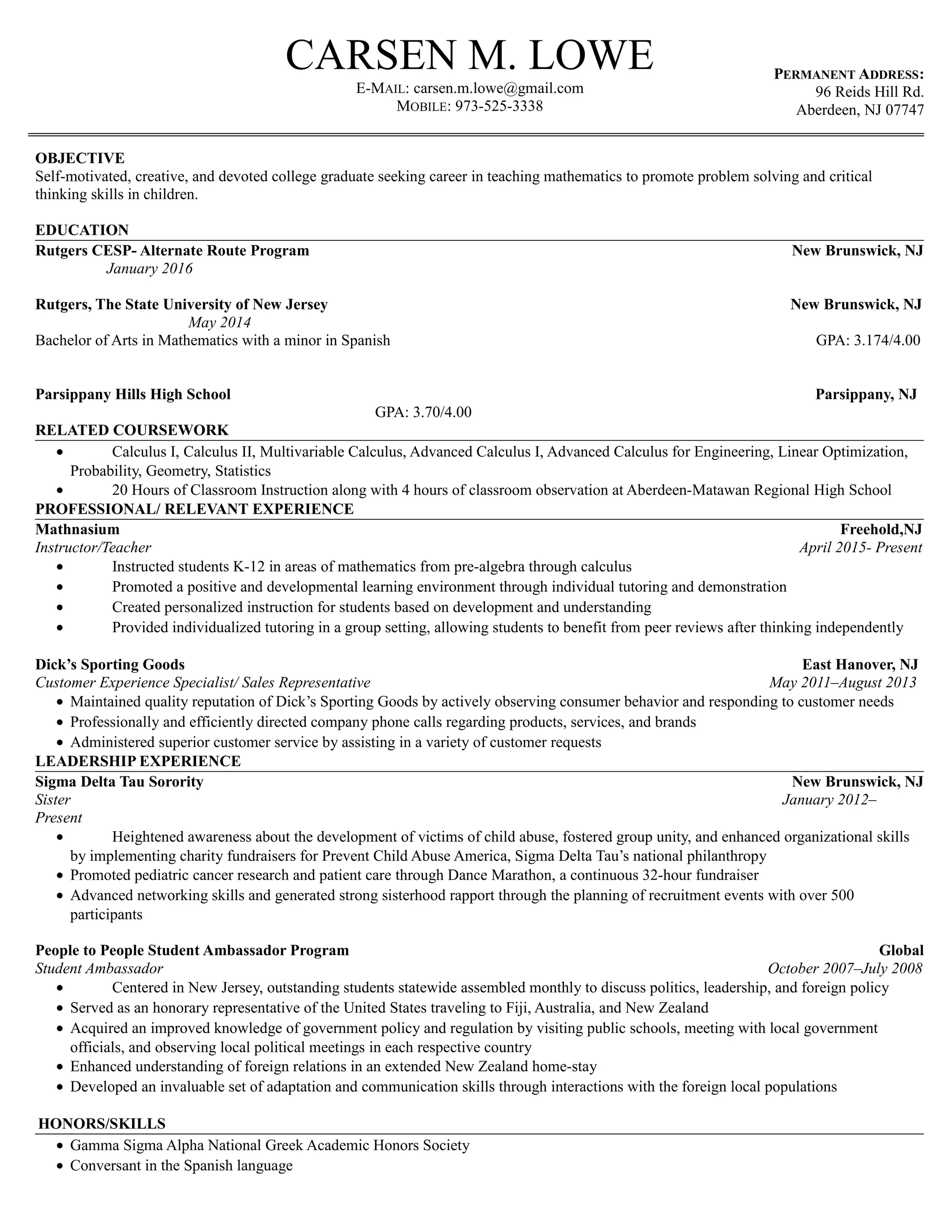 CARSEN M LOWE RESUME | DOC