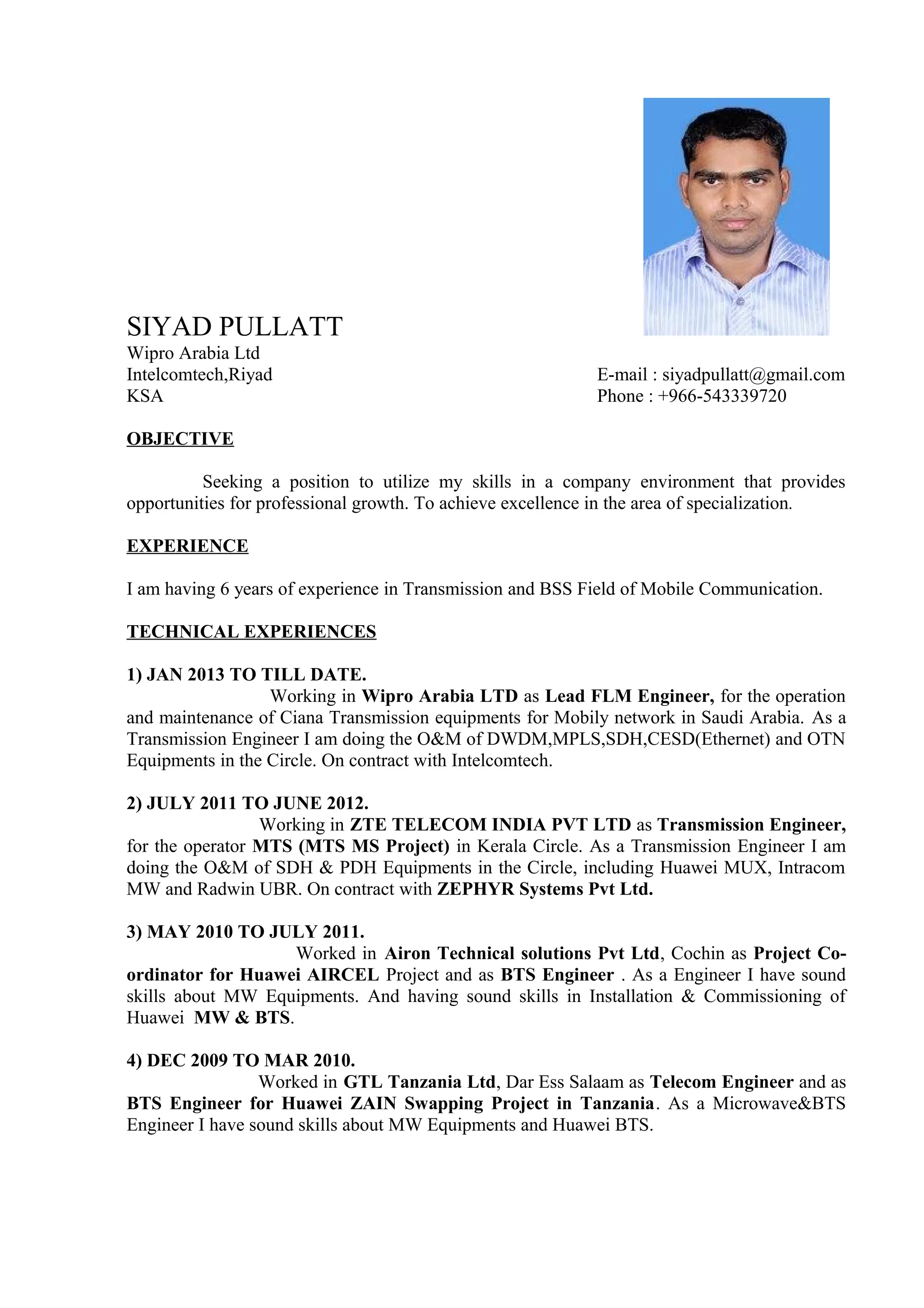Siyad_Pullatt_Engineer_Resume | DOC | Telecommunications Industry | Industries