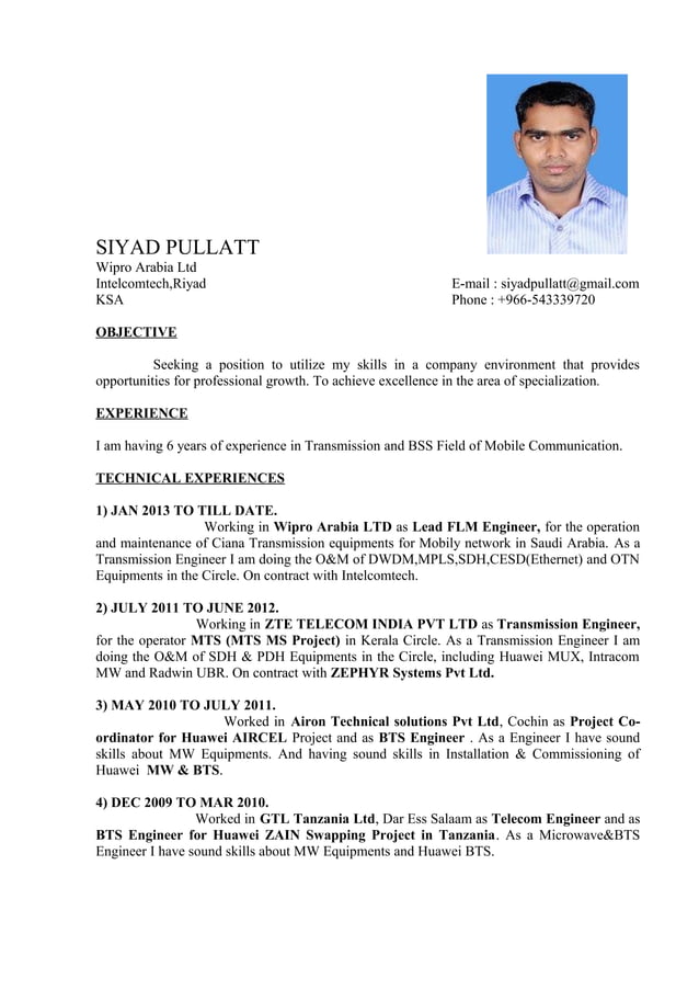 Siyad_Pullatt_Engineer_Resume | DOC | Telecommunications Industry | Industries
