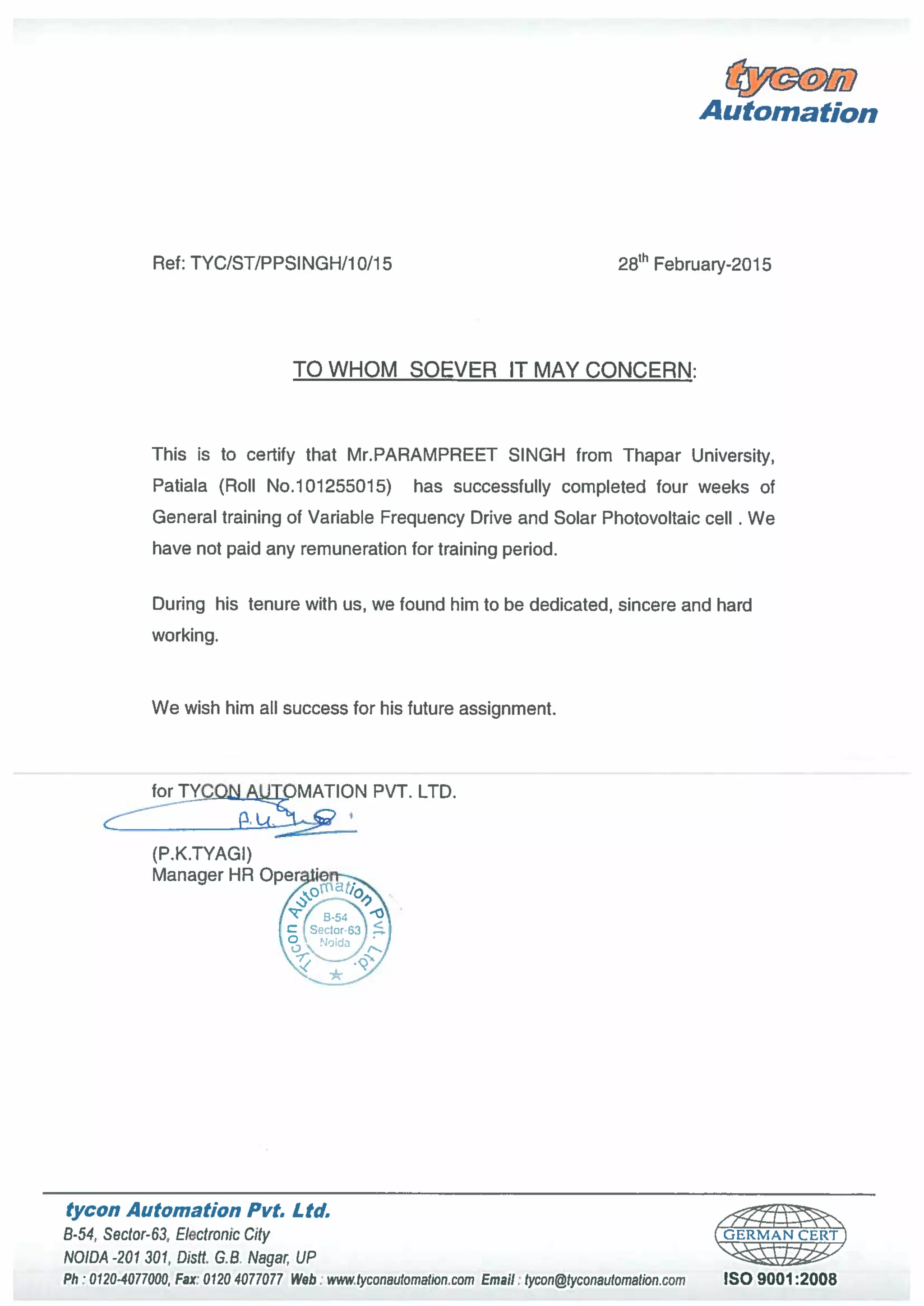 TYCON AUTOMATION TRAINING CERTIFICATE | PDF