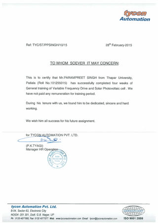 TYCON AUTOMATION TRAINING CERTIFICATE | PDF
