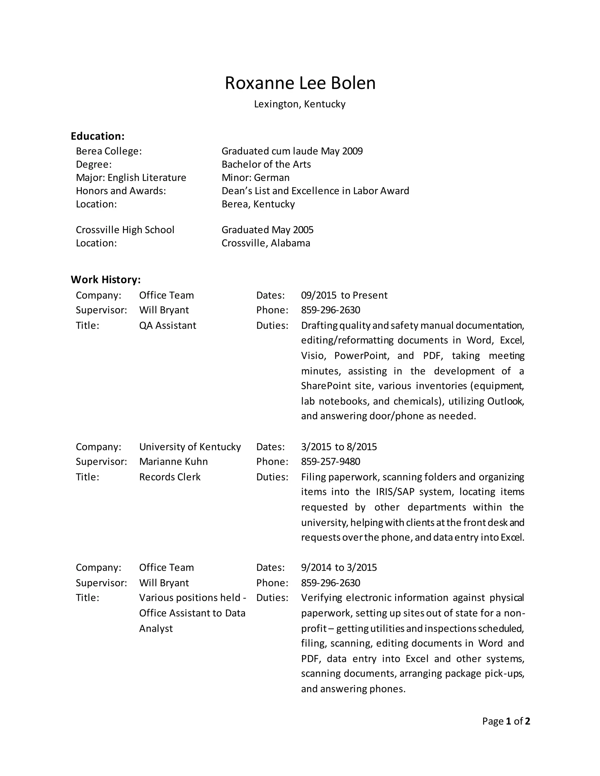 Roxanne Bolen Resume 2016 short | DOCX