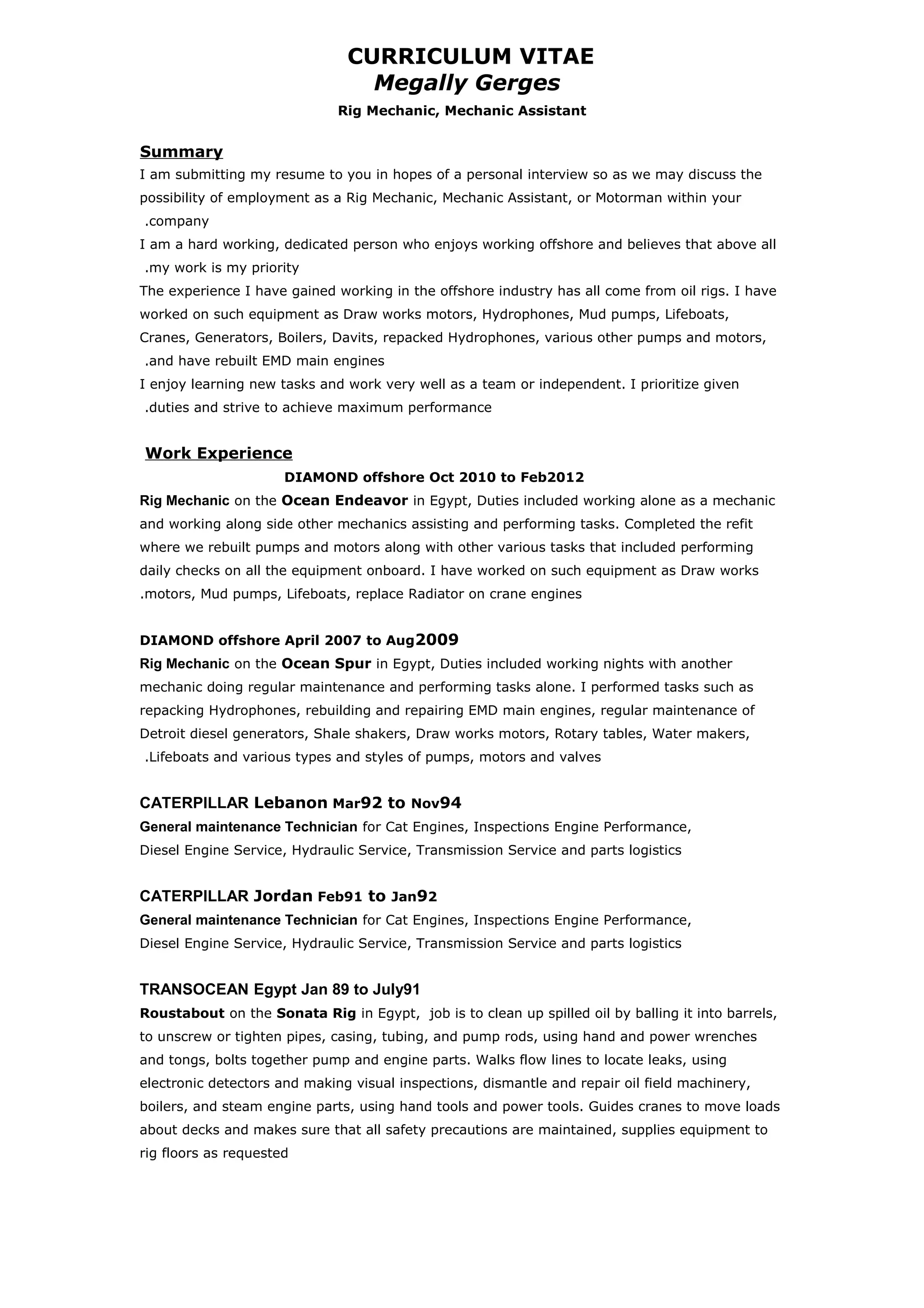 Megally Rig Mechanic CV new 2015 | DOC