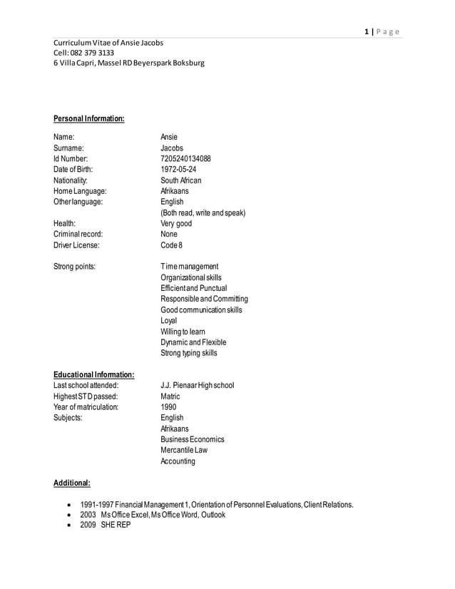 CV - ANSIE JACOBS | PDF