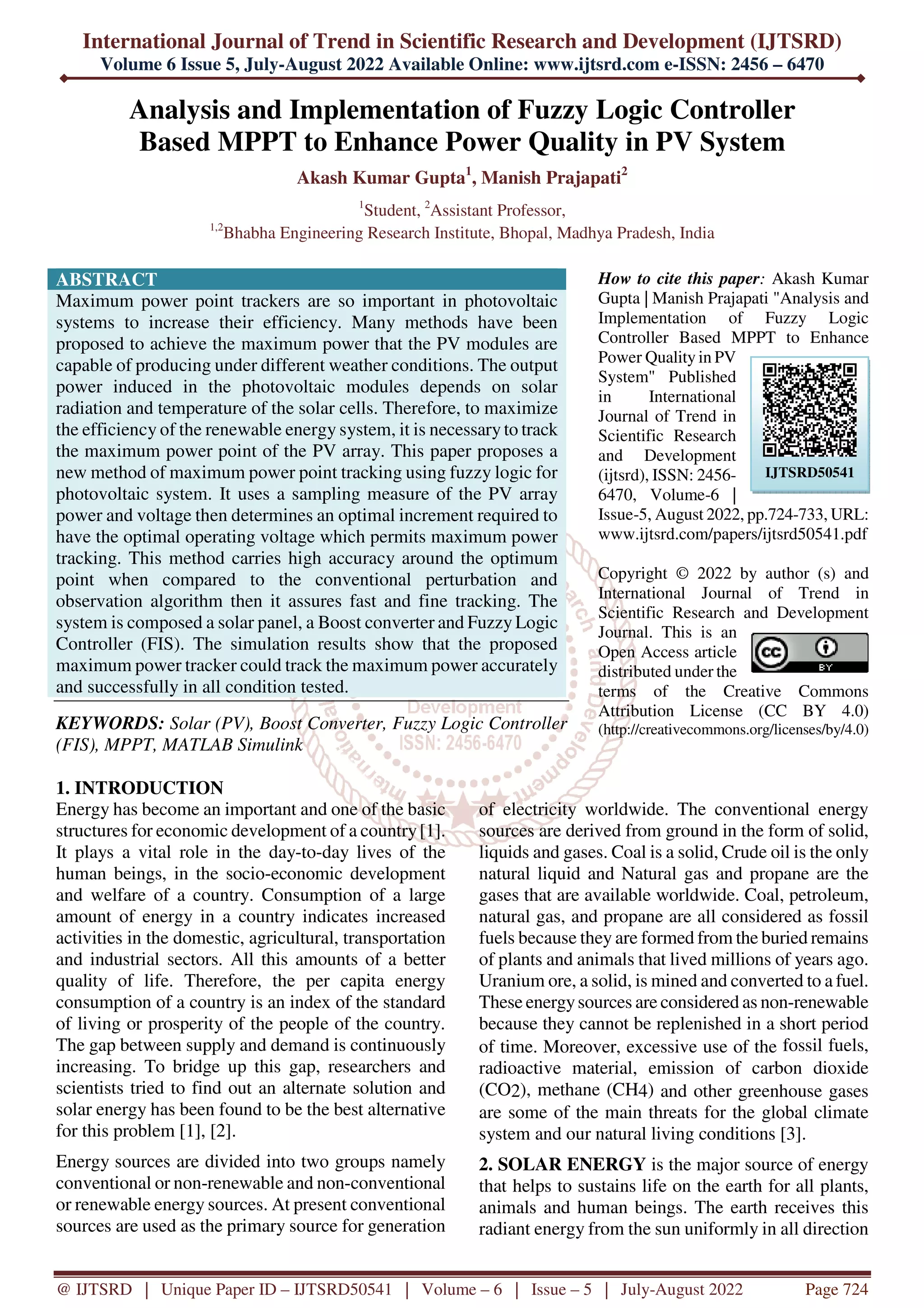 Analysis and Implementation of Fuzzy Logic Controller Based MPPT to Enhance Power Quality in PV ...