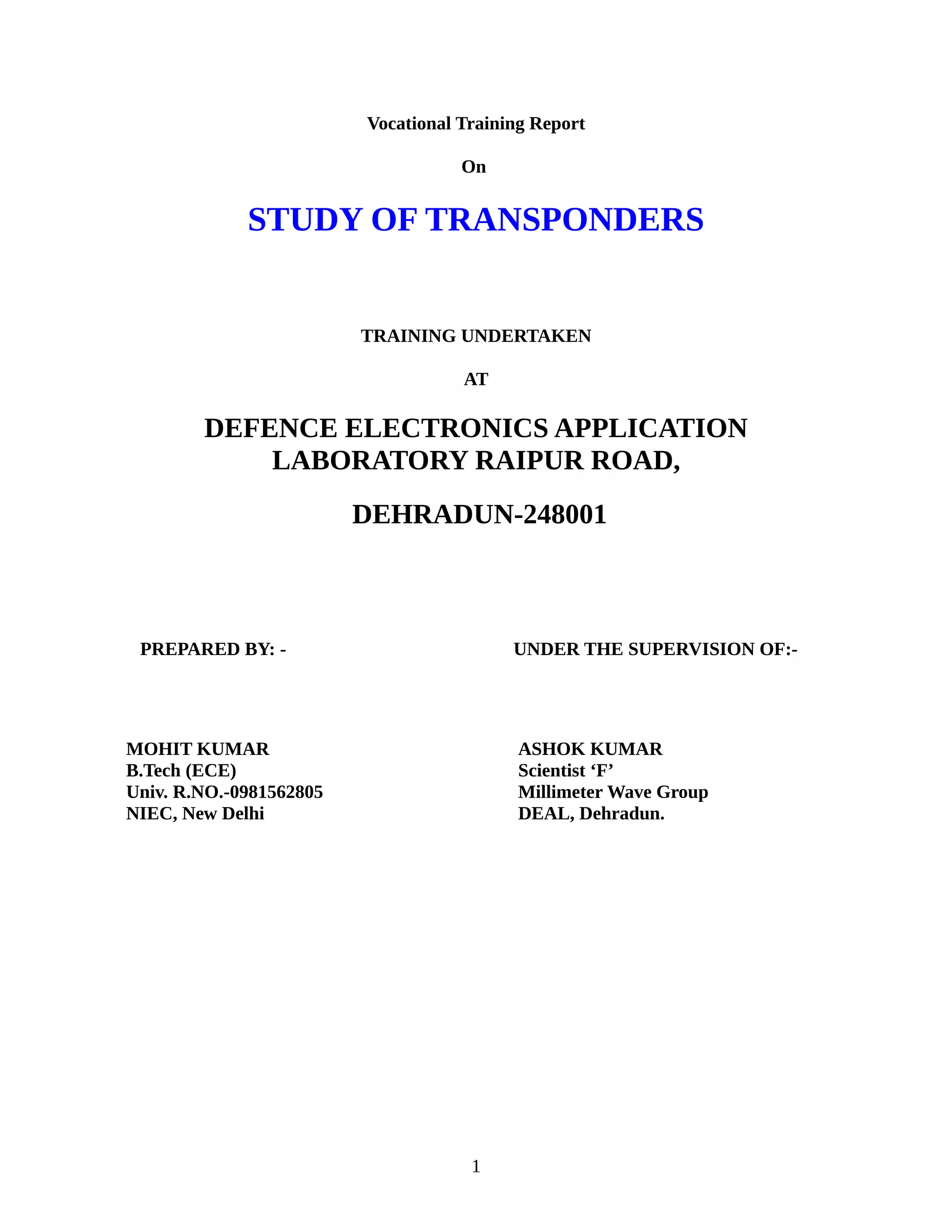 study of transponders -Defense Electronics Applications Lab, Dehradun | PDF