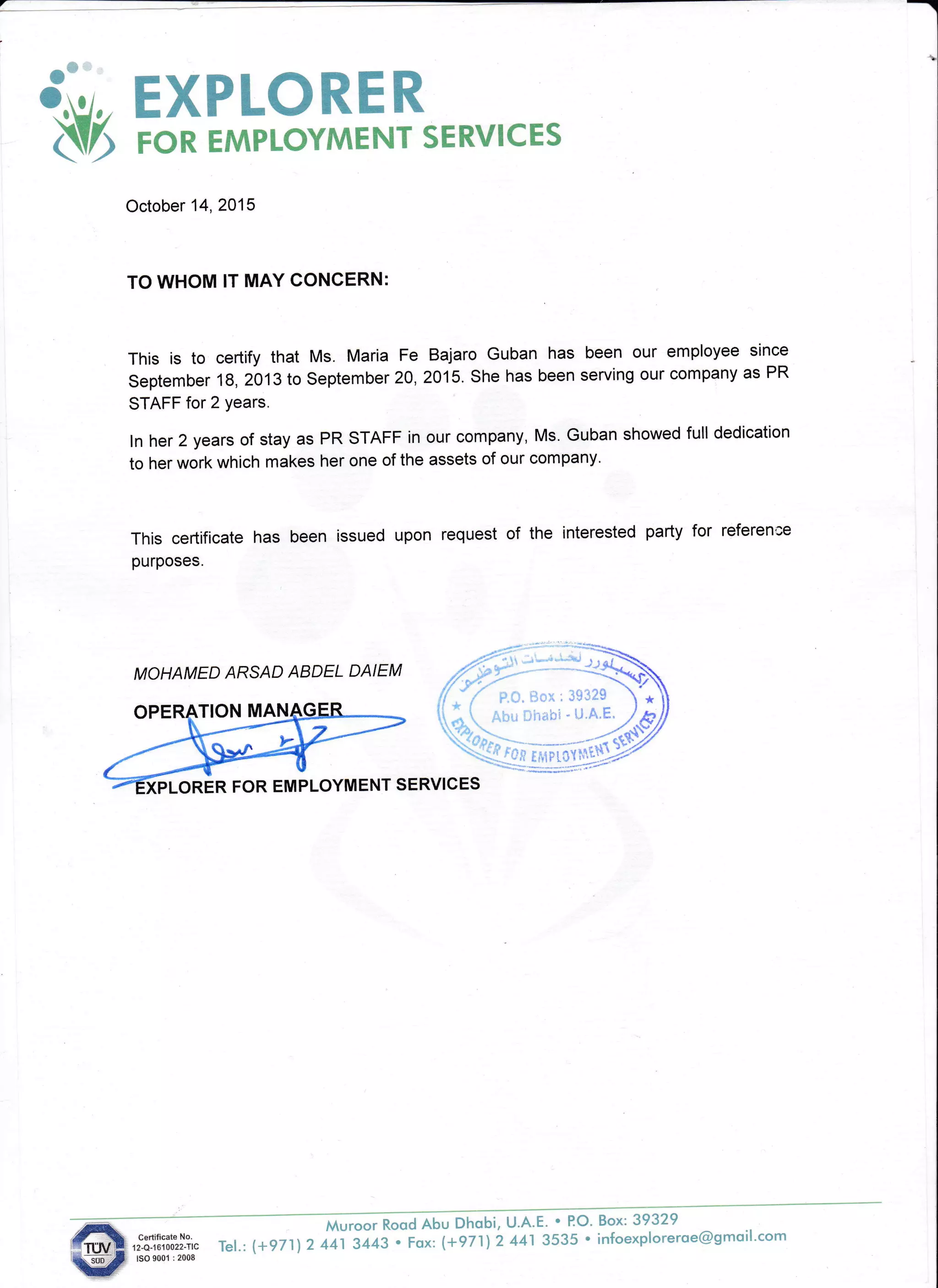 EXPLORER EMPLOYMENT CERTIFICATE | PDF