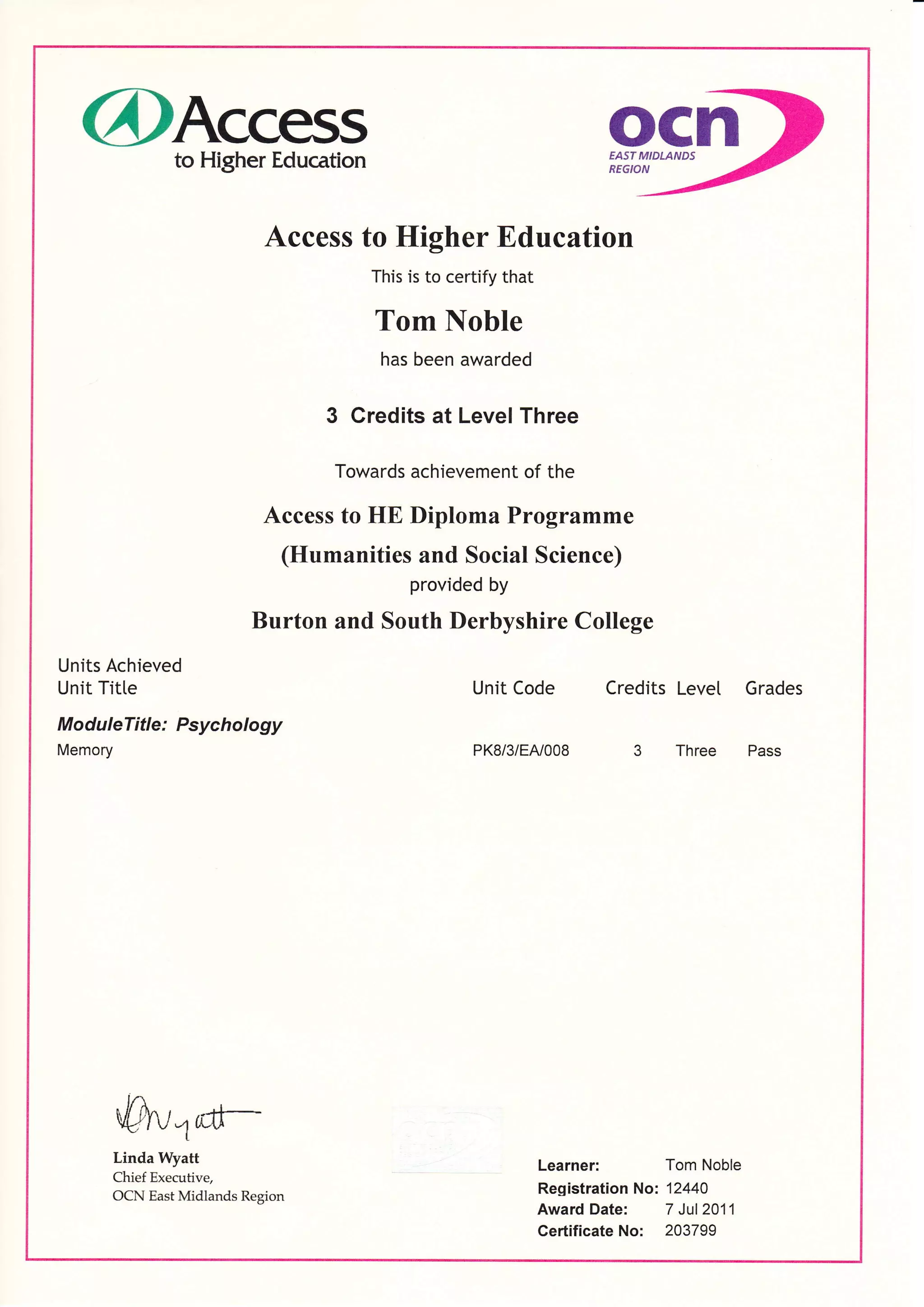 OCN lvl 3 Access to H.E | PDF