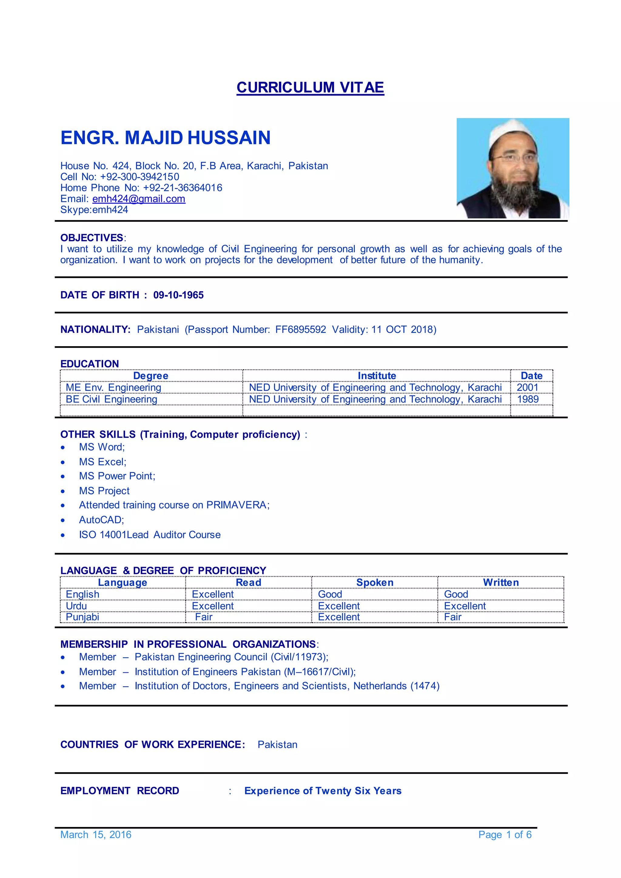 CV-Engr Majid Hussain 07032016-CM | DOCX | Civil Engineering Industry | Industries