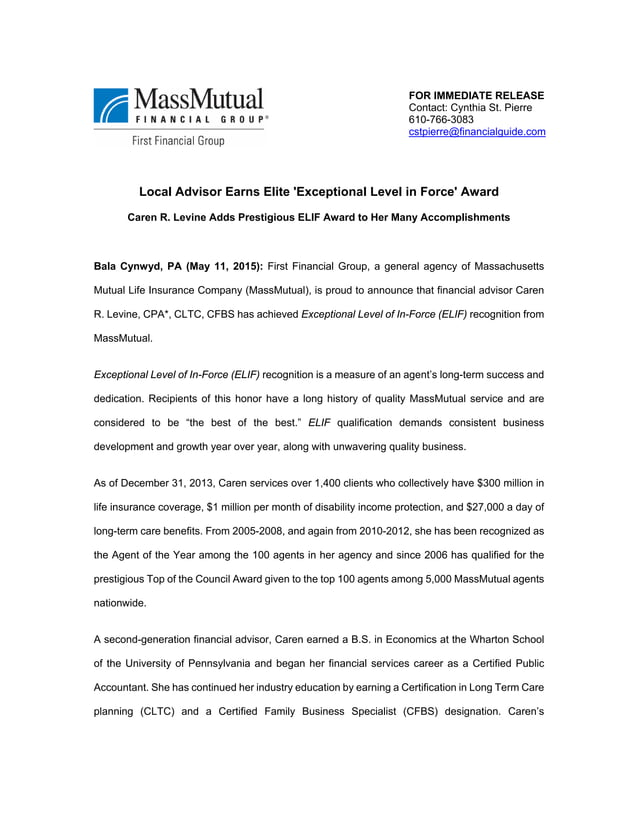 Caren Levine ELIF Press Release | PDF