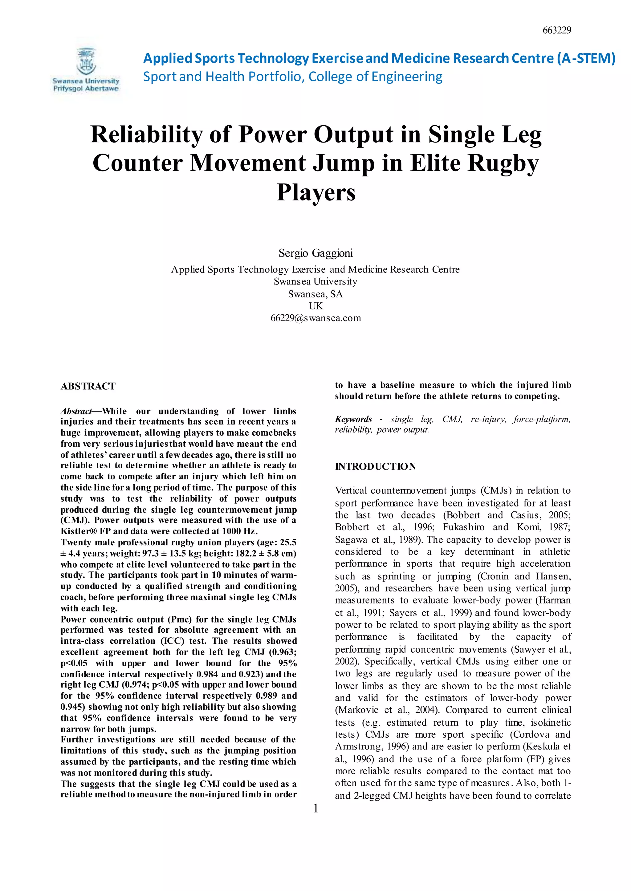 663229 - Reliability of Power Output in Single Leg Counter Movement ...