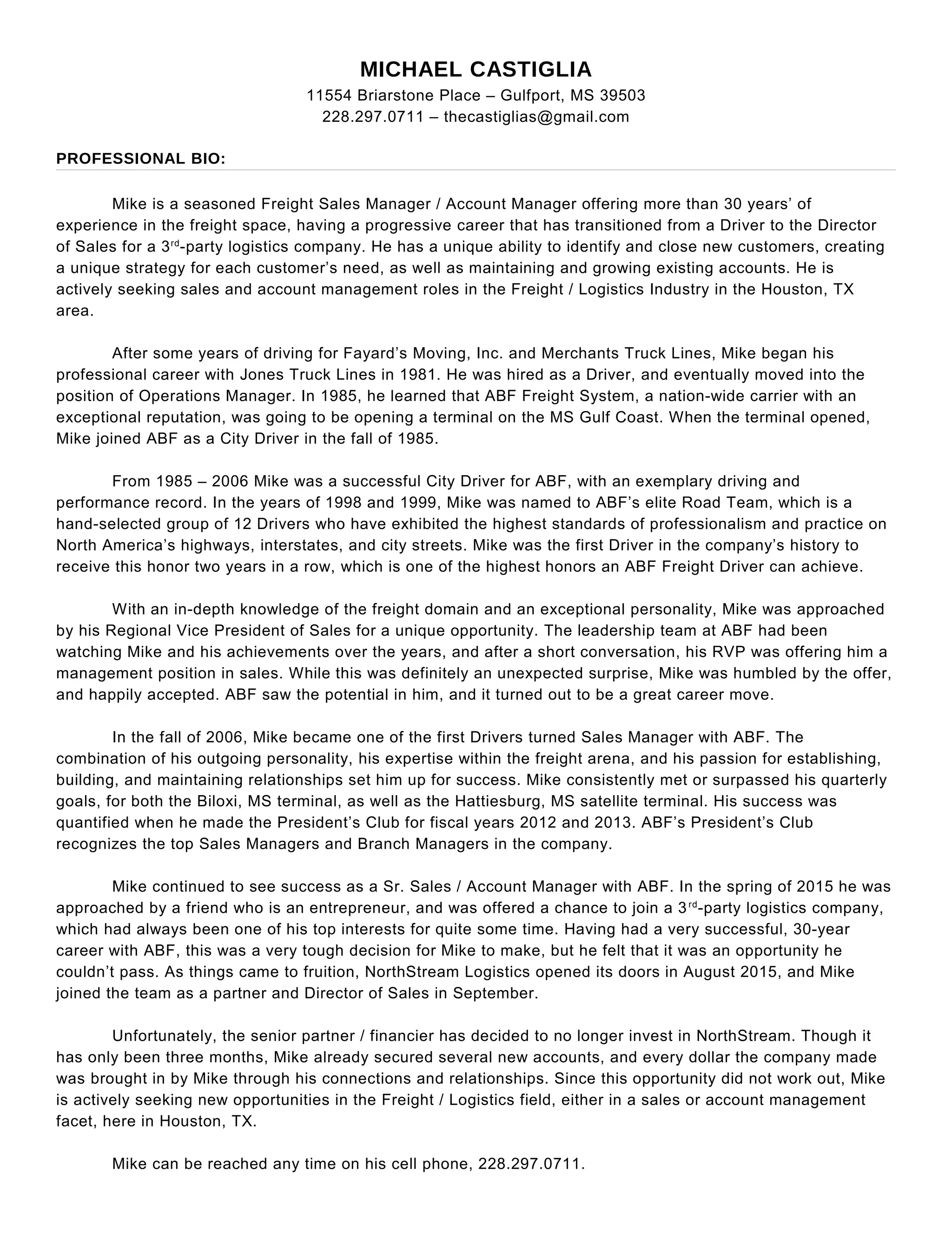 Mike Castiglia - Professional Bio | DOC