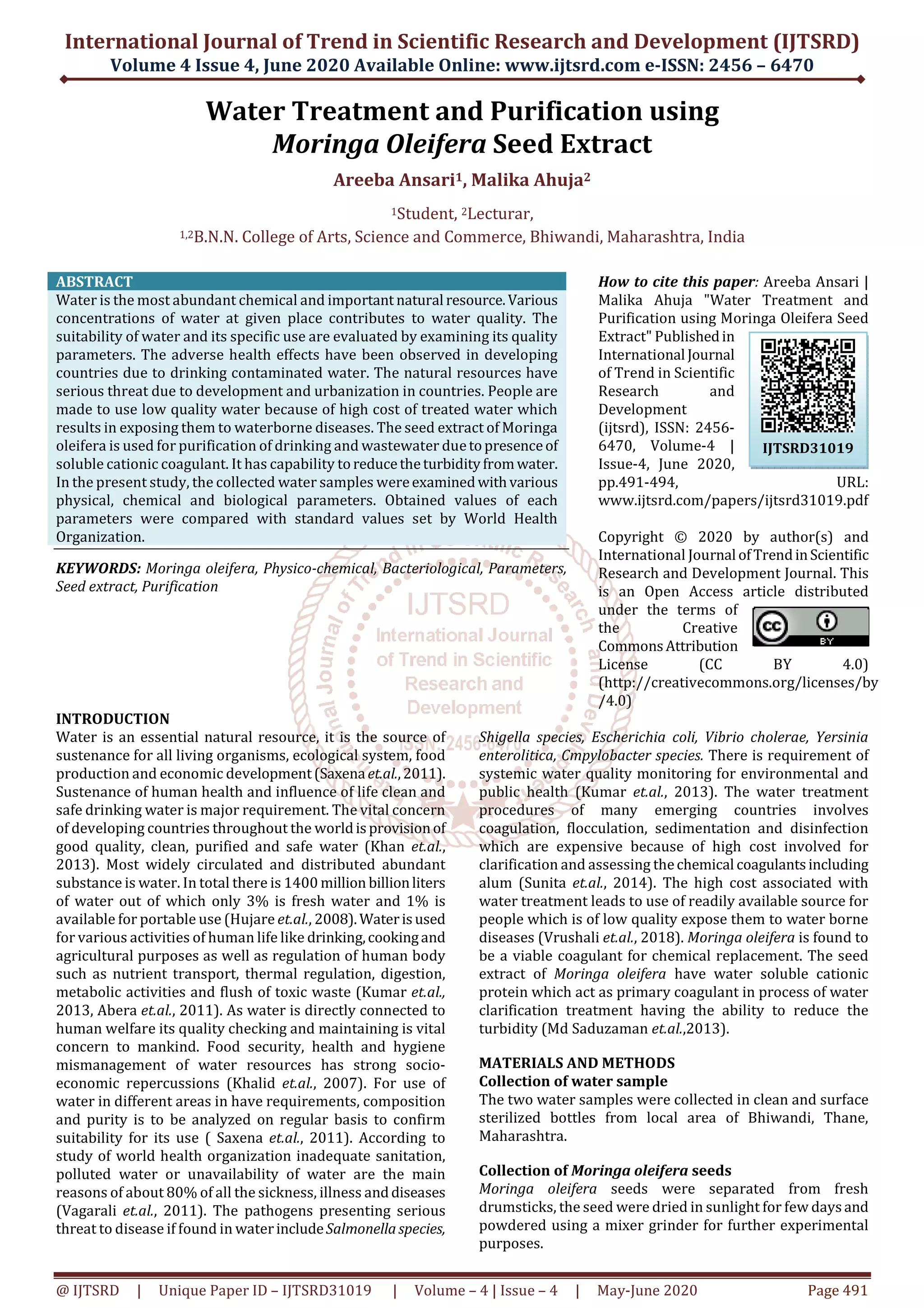 Water Treatment and Purification using Moringa Oleifera Seed Extract | PDF