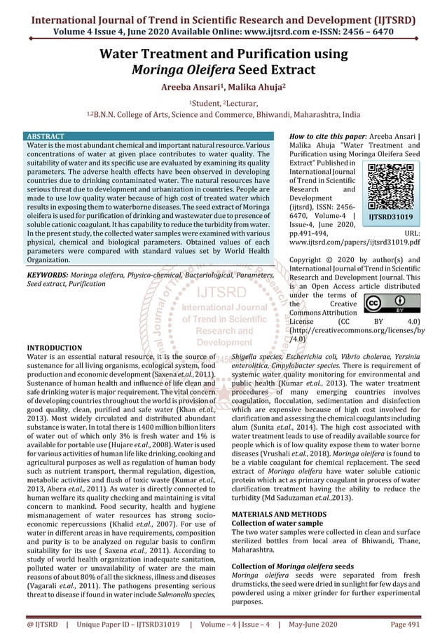 Water Treatment and Purification using Moringa Oleifera Seed Extract | PDF