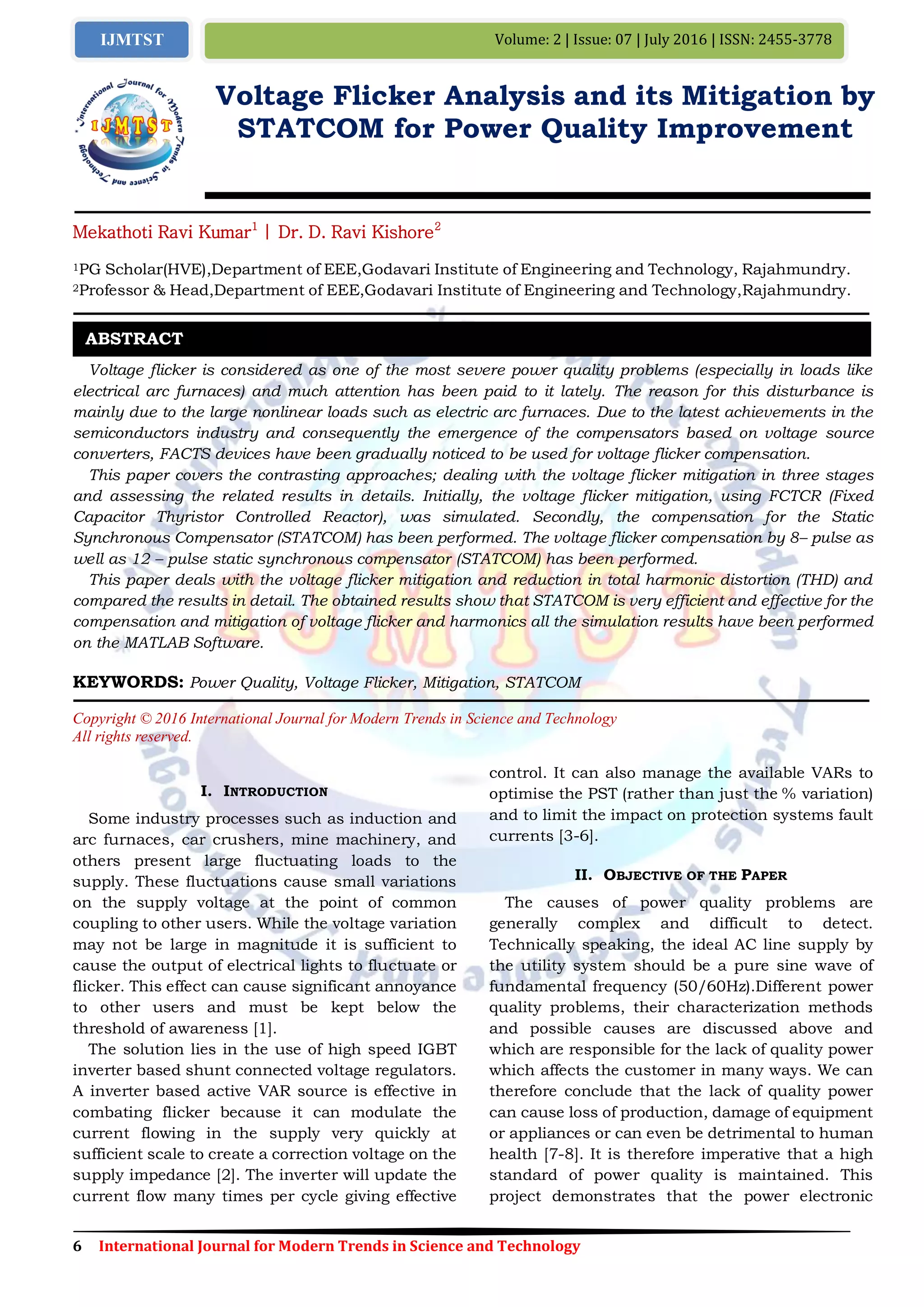 Voltage Flicker Analysis and its Mitigation by STATCOM for Power Quality Improvement | PDF