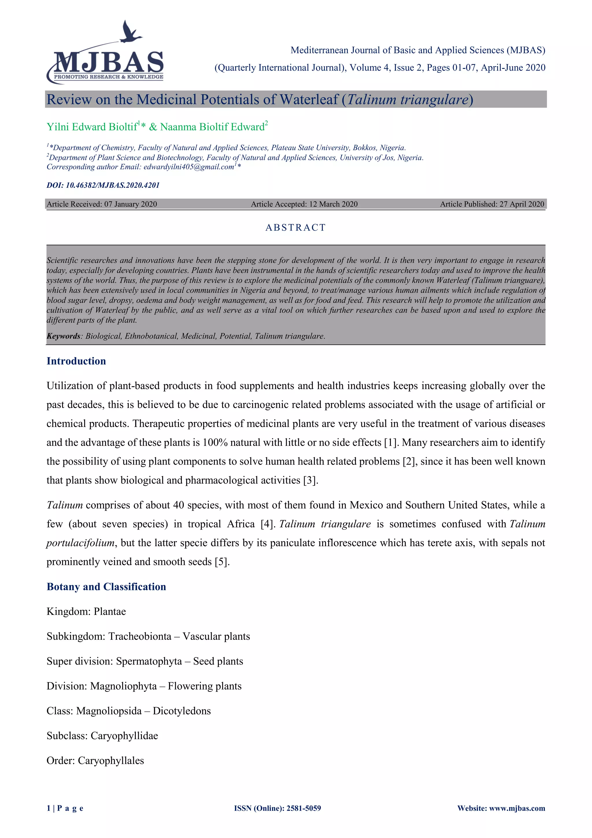 Review on the Medicinal Potentials of Waterleaf (Talinum triangulare) | PDF