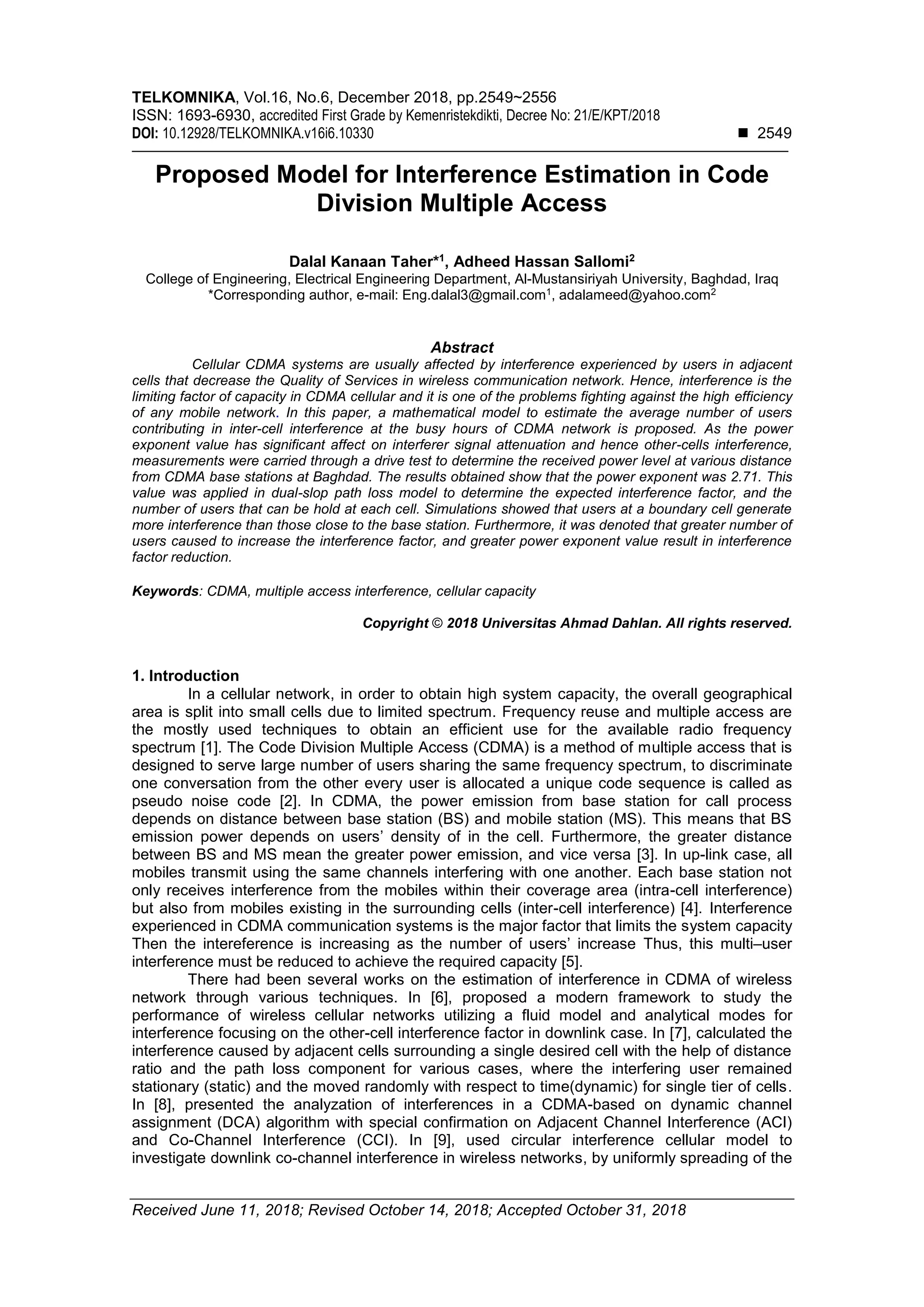 Proposed Model For Interference Estimation In Code Division Multiple
