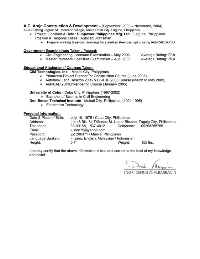 Dennis Albarracin CV 2016 March | PDF | Civil Engineering Industry | Industries