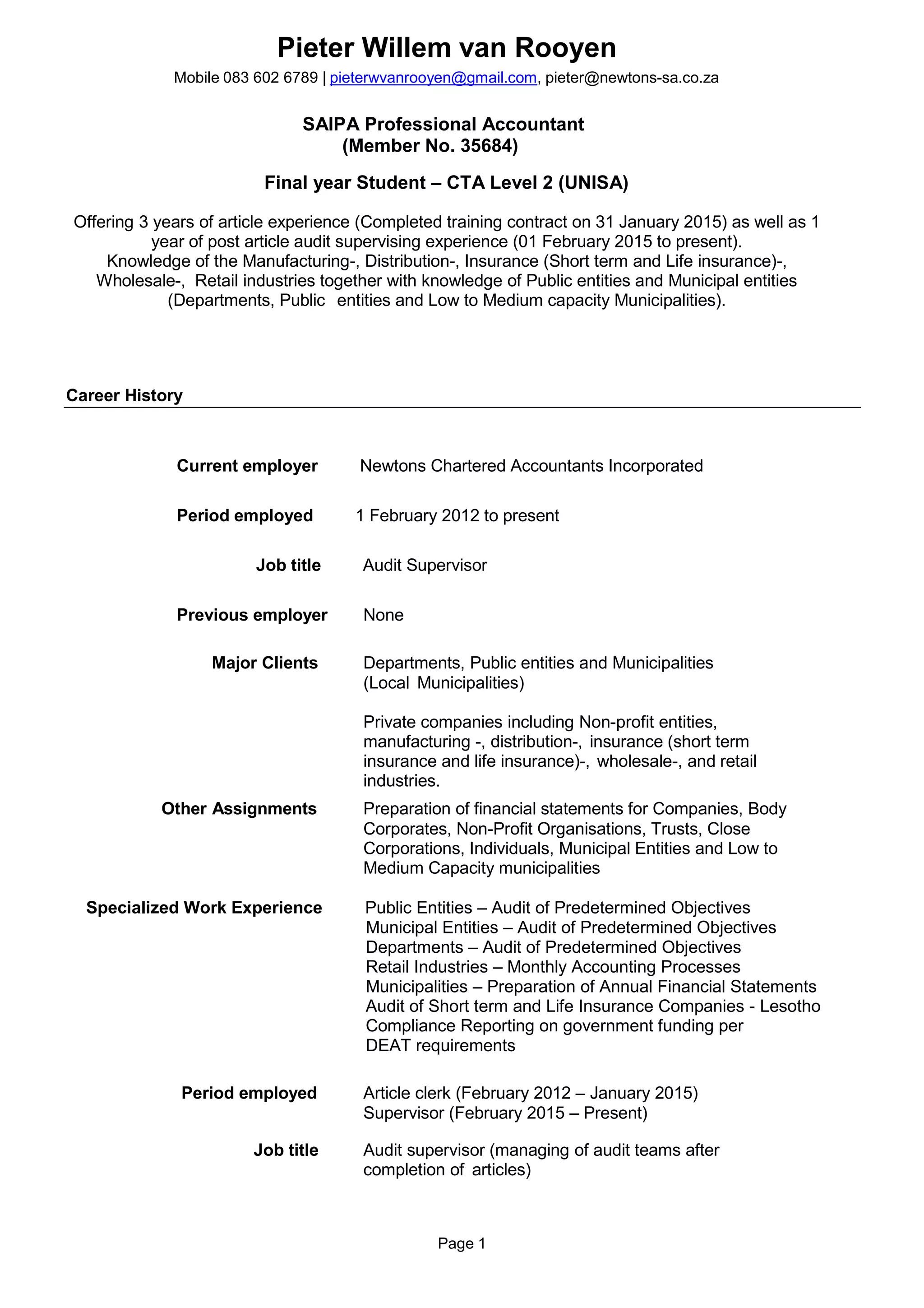 CV - Pieter van Rooyen | PDF