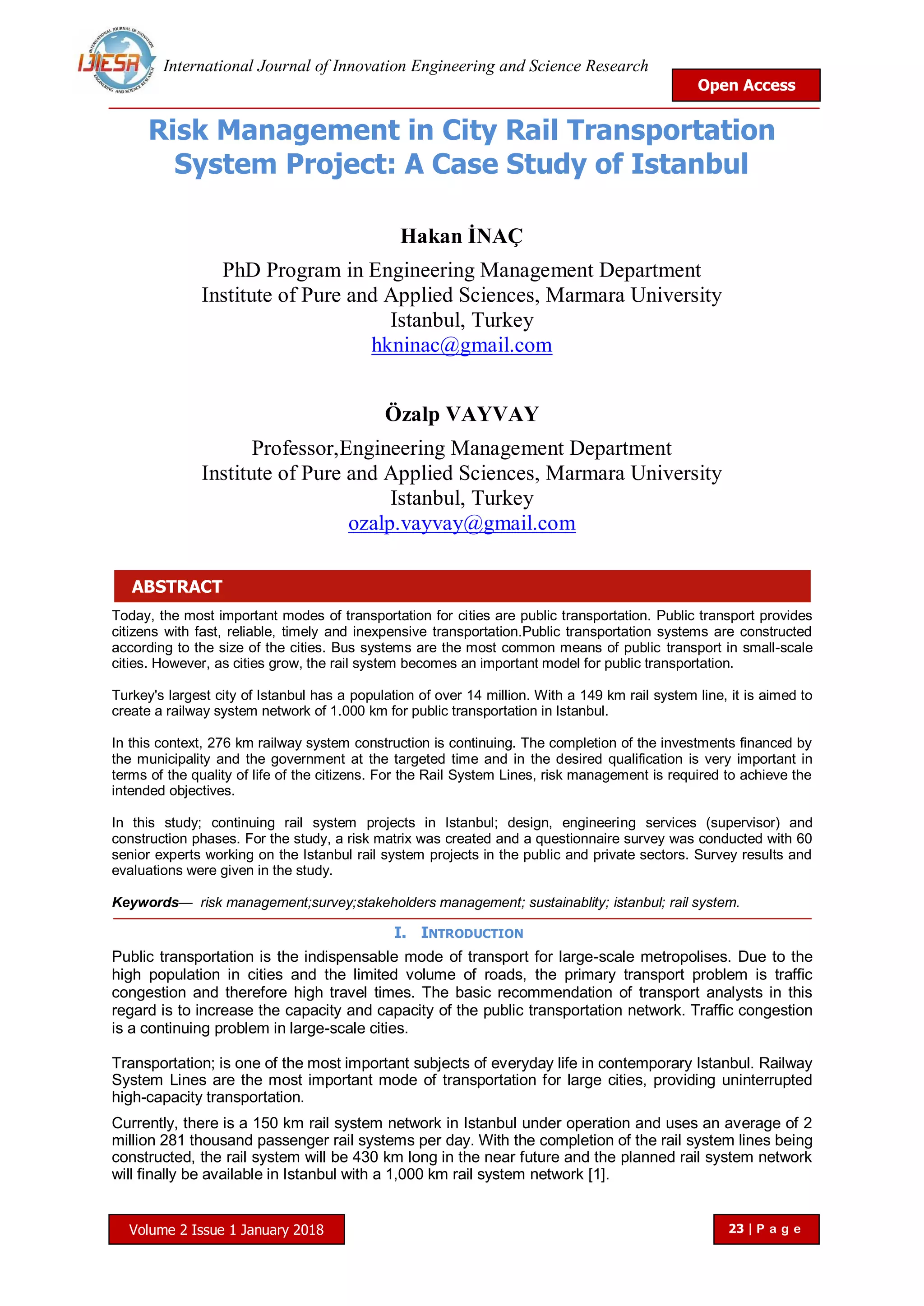 Risk Management in City Rail Transportation System Project: A Case Study of Istanbul | PDF