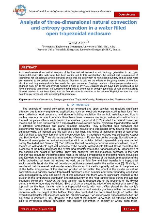 Analysis of three-dimensional natural convection and entropy generation in a water filled open ...