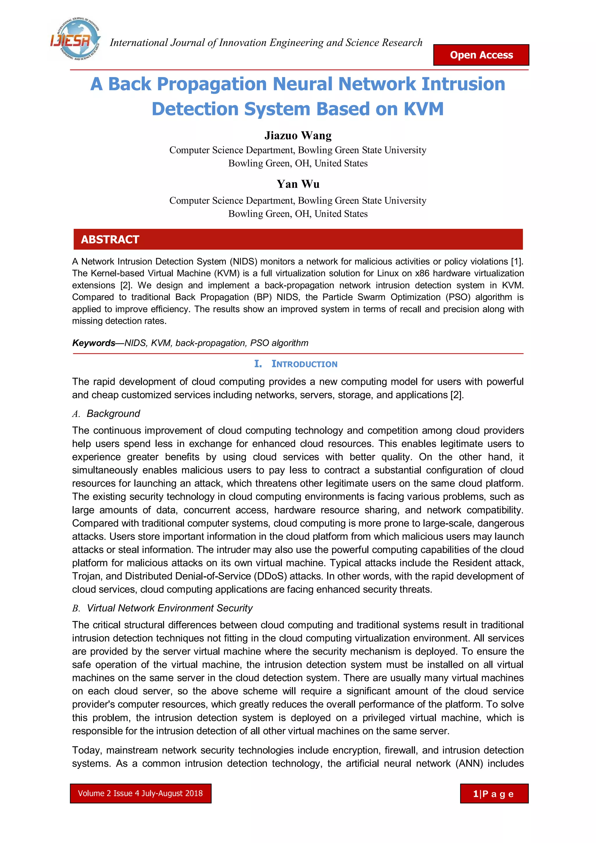 A Back Propagation Neural Network Intrusion Detection System Based on KVM | PDF