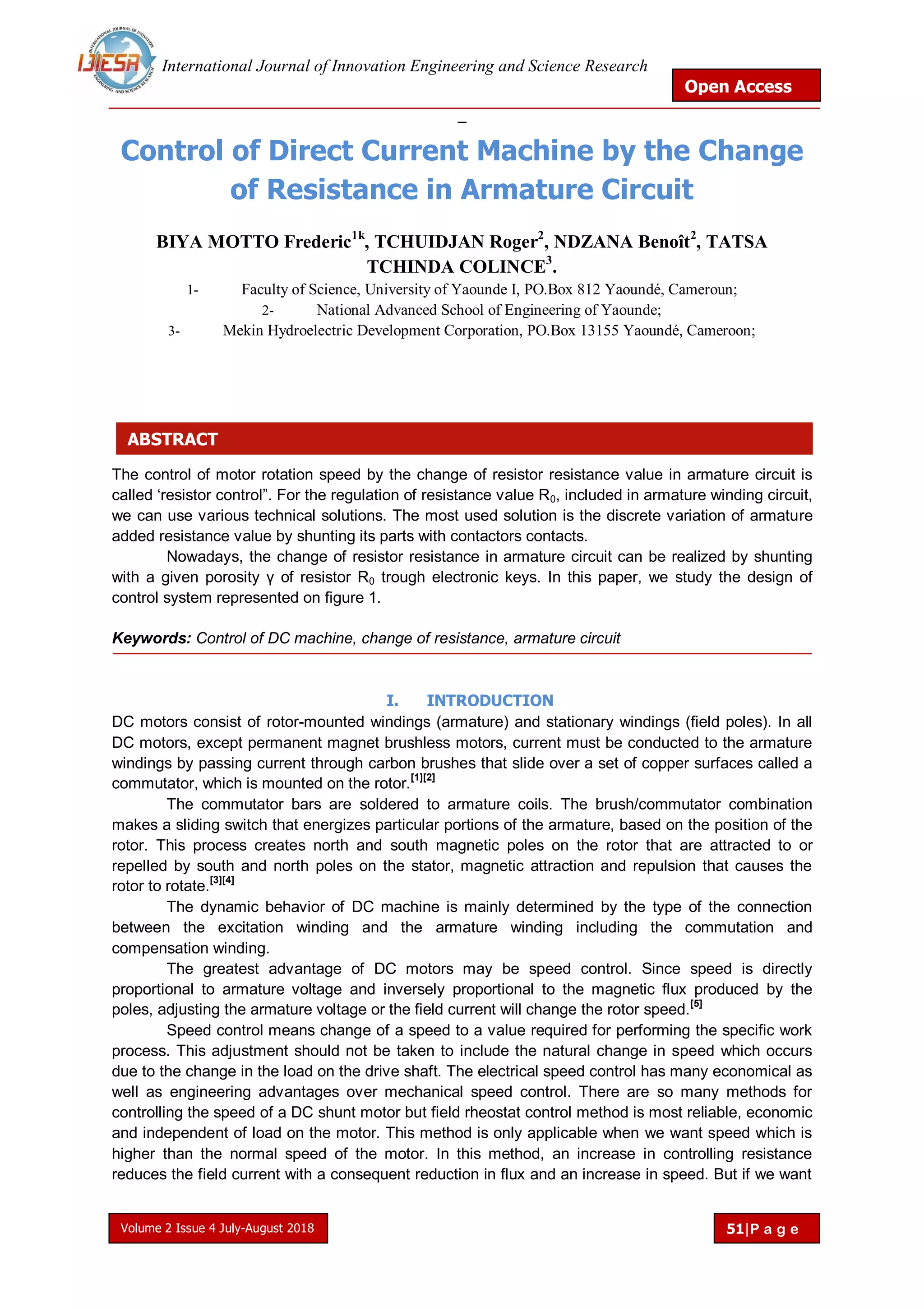 Control of Direct Current Machine by the Change of Resistance in ...