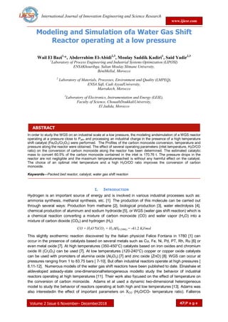 Modeling and Simulation ofa Water Gas Shift Reactor operating at a low ...