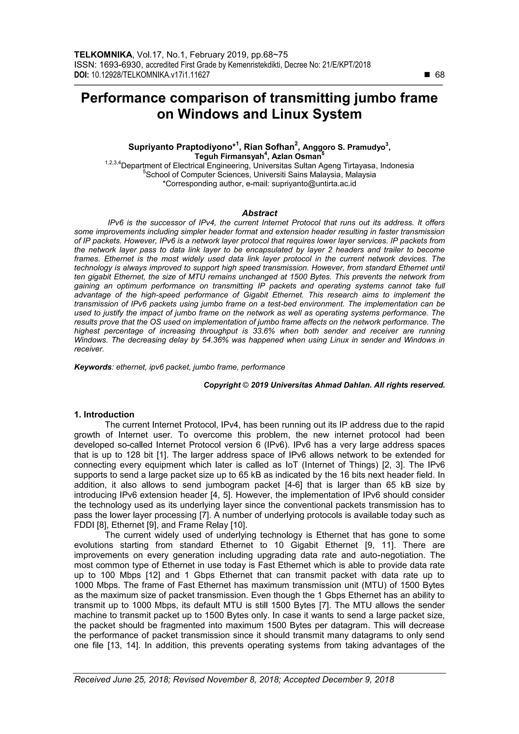 Performance comparison of transmitting jumbo frame on Windows and Linux ...
