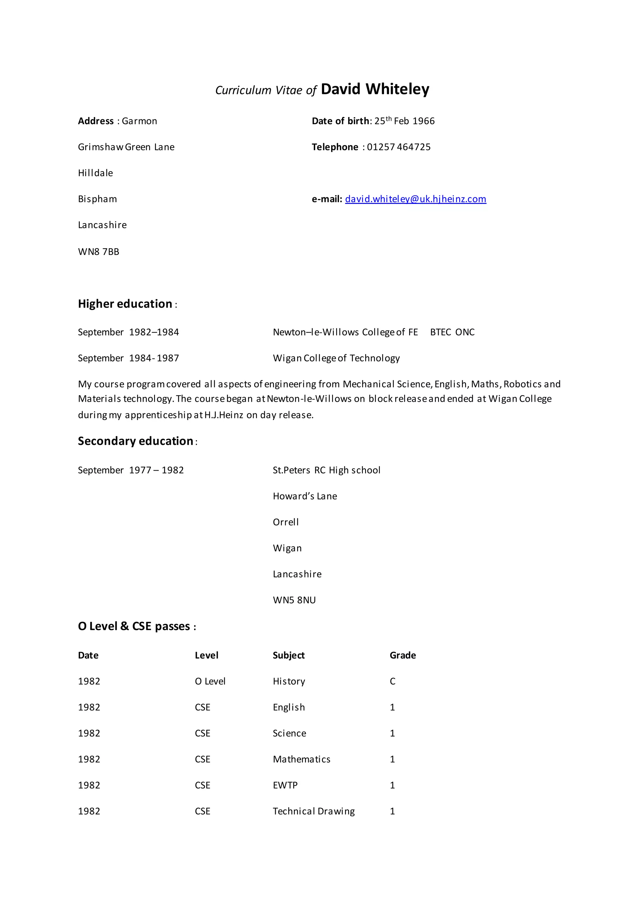 Curriculum Vitae of David Whiteley | PDF
