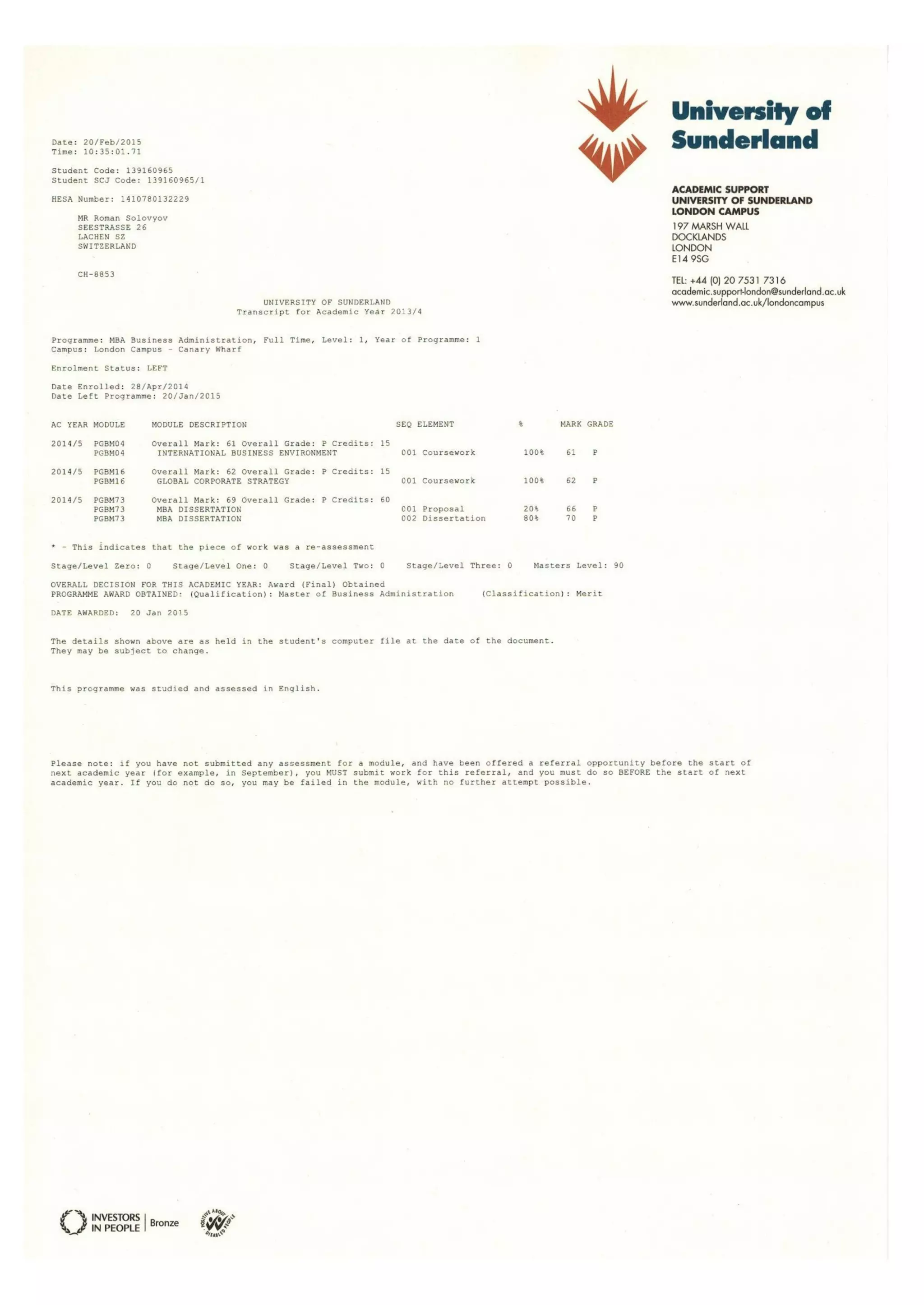 MBA Certificate with Transcripts | PDF