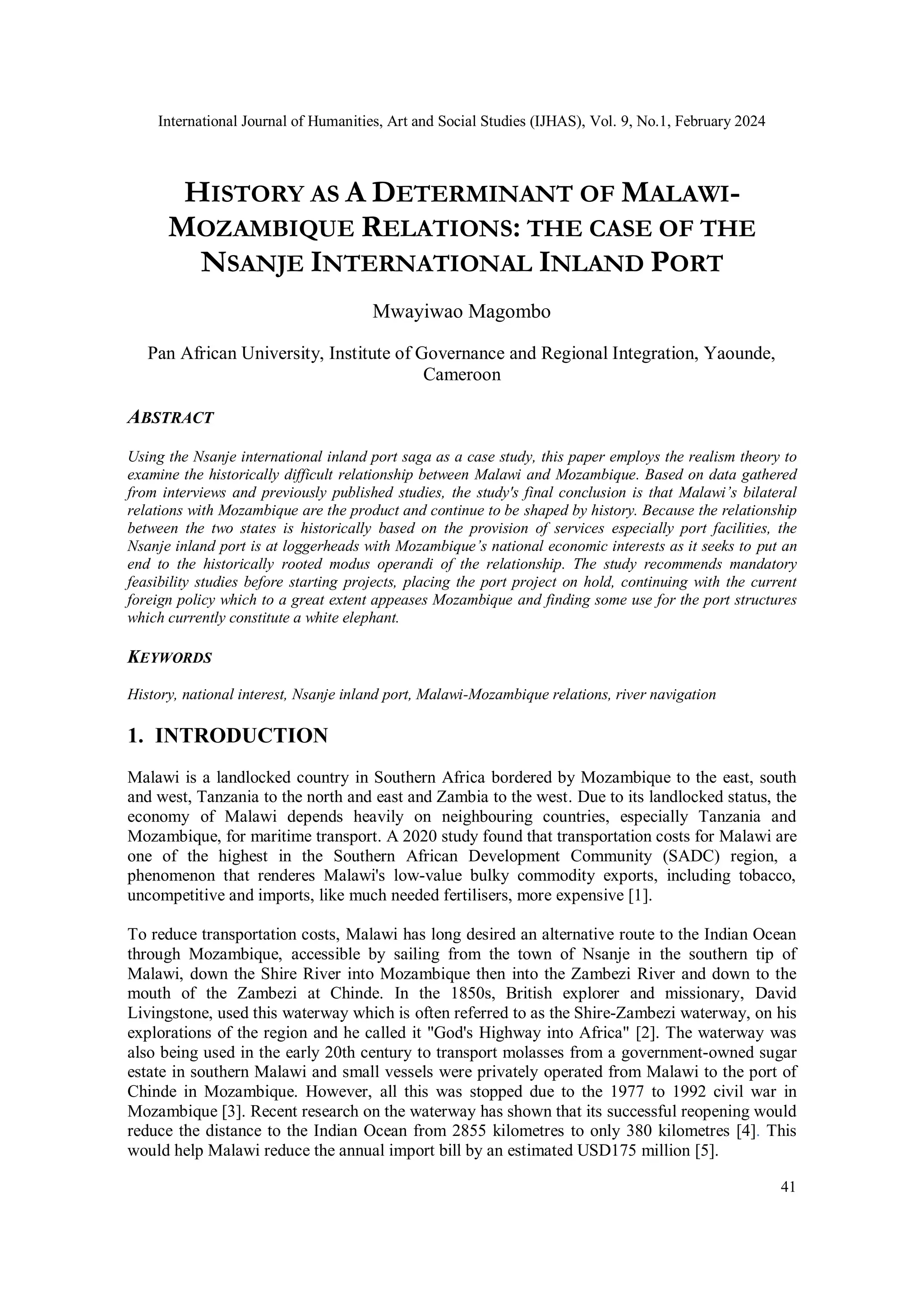 HISTORY AS A DETERMINANT OF MALAWIMOZAMBIQUE RELATIONS: THE CASE OF THE ...