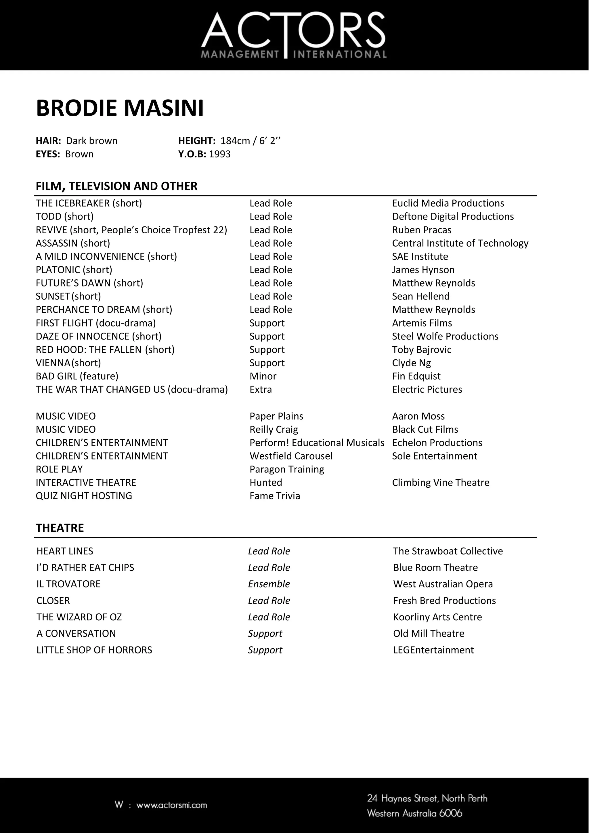 Brodie Masini ActorsMI CV | PDF