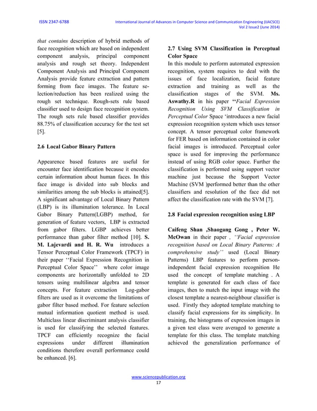 Facial expression recongnition Techniques, Database and Classifiers | PDF