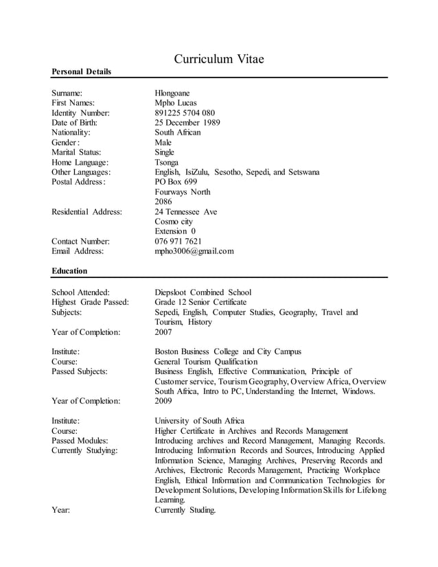 Lucas Hlongoane CV | PDF