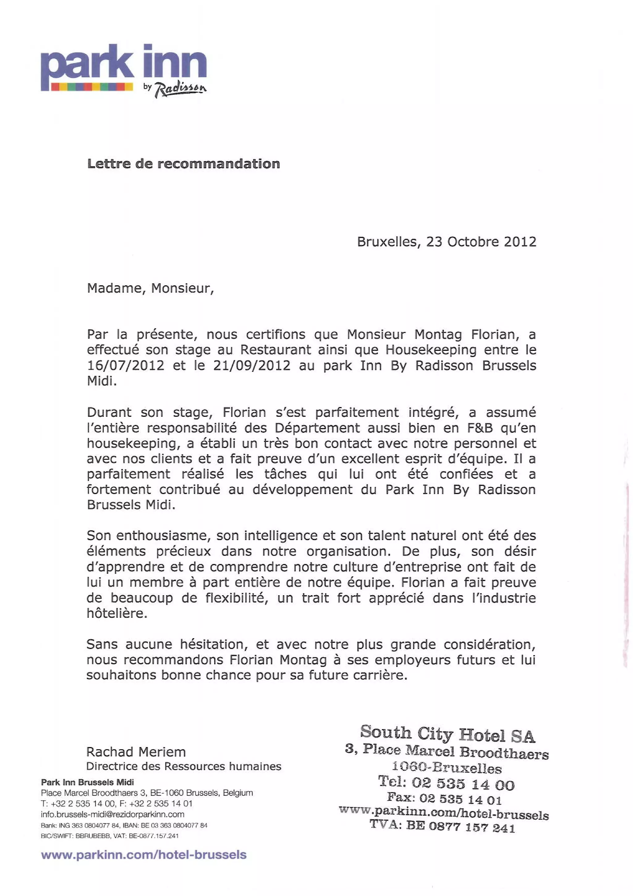 Recommendation Letter Park Inn by Radisson | PDF