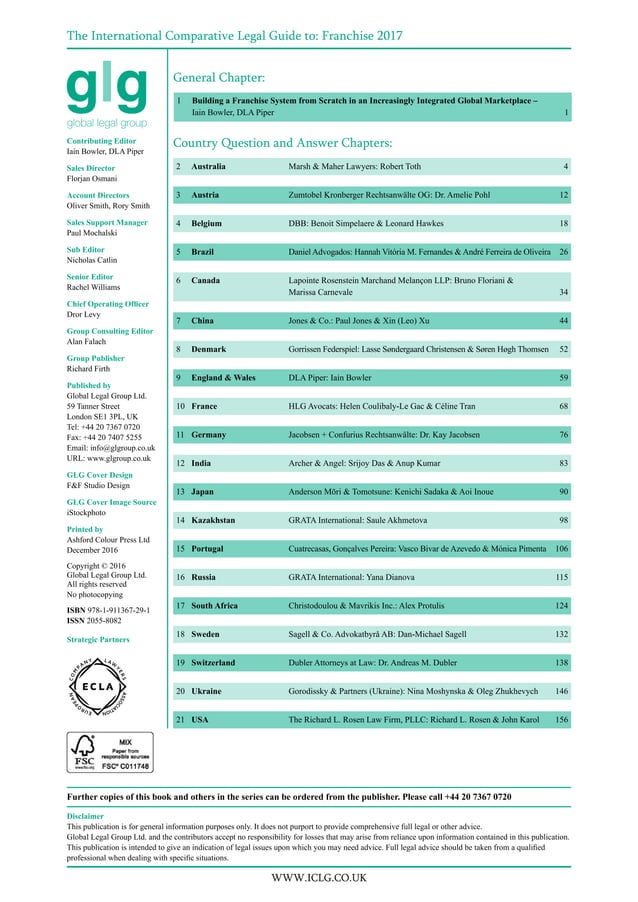 ICLG FRANCHISE 2017 Legal Guide ( International Legal Guide) | PDF