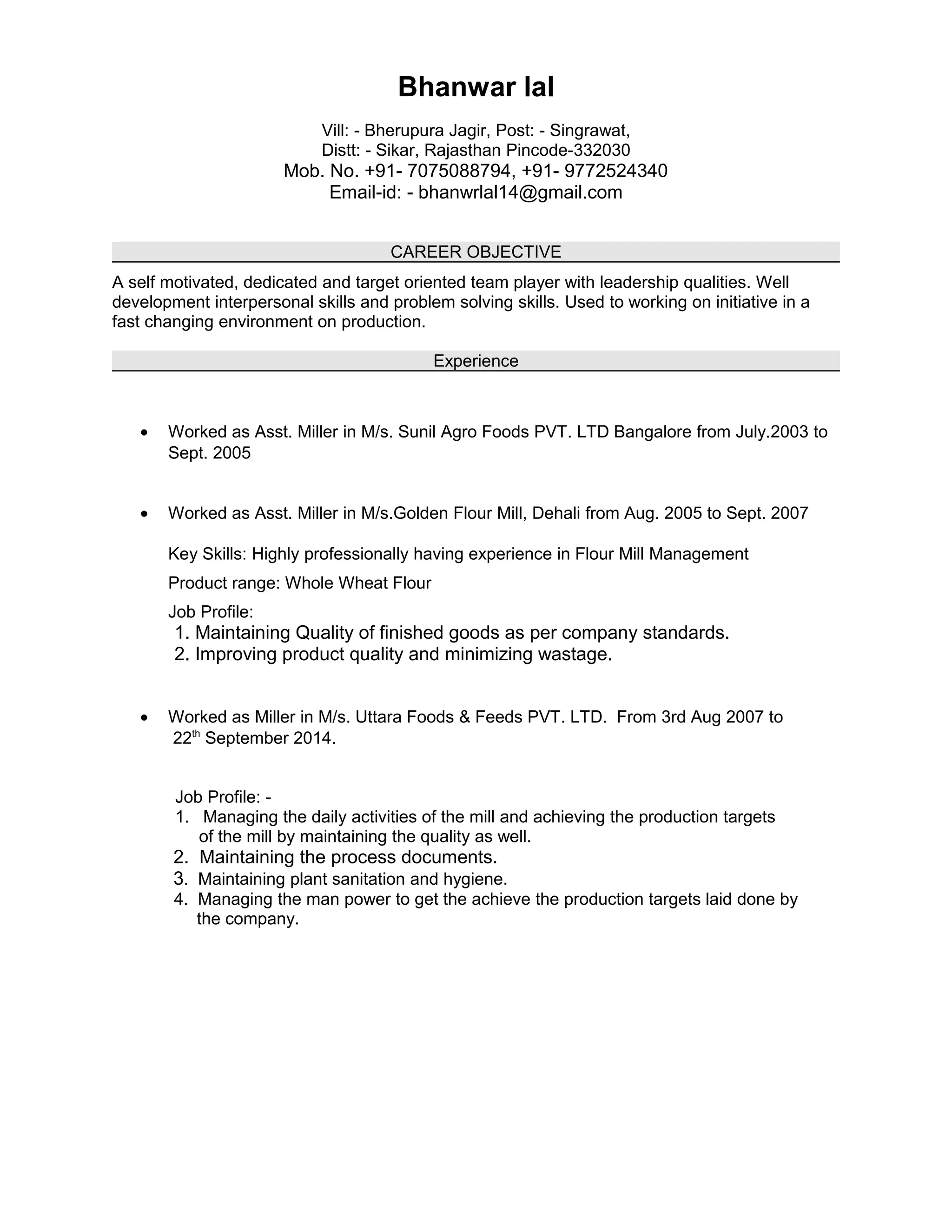 Bhanwar lal miller | DOC | Careers Bhanwar lal miller | DOC | Careers