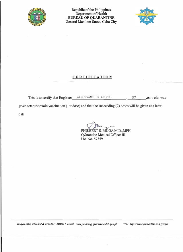 DOH TETANUS VACCINE PROPHYLAXIS CERTIFICATE 1st STAGE | PDF