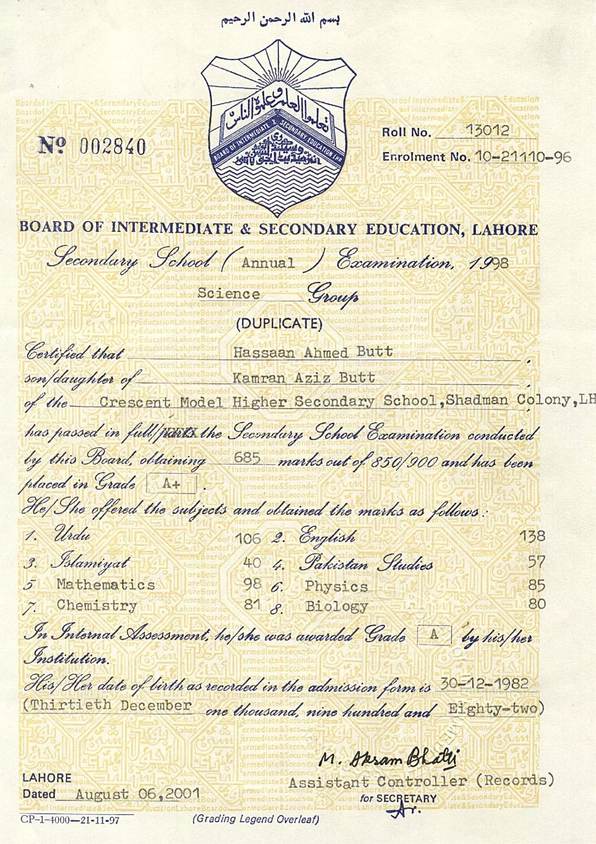 Secondary School Certificate | PDF