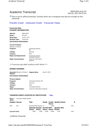 Unofficial Transcript-SHSU 2013 | PDF