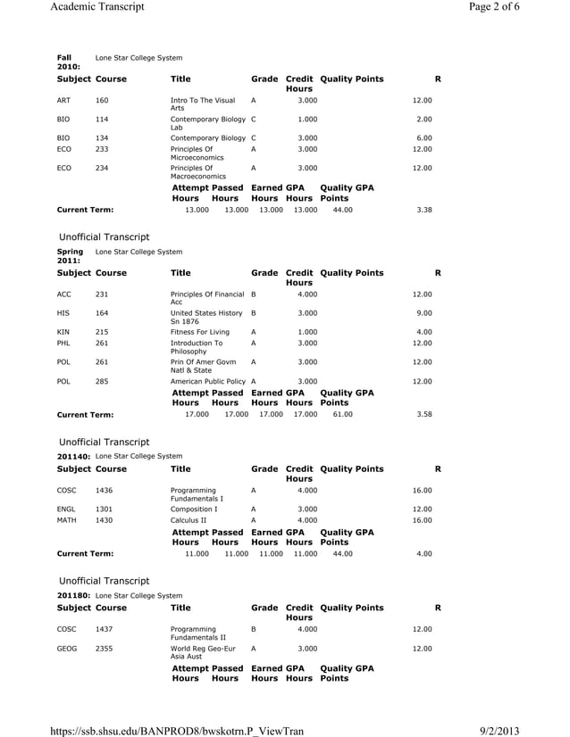 Unofficial Transcript-SHSU 2013 | PDF