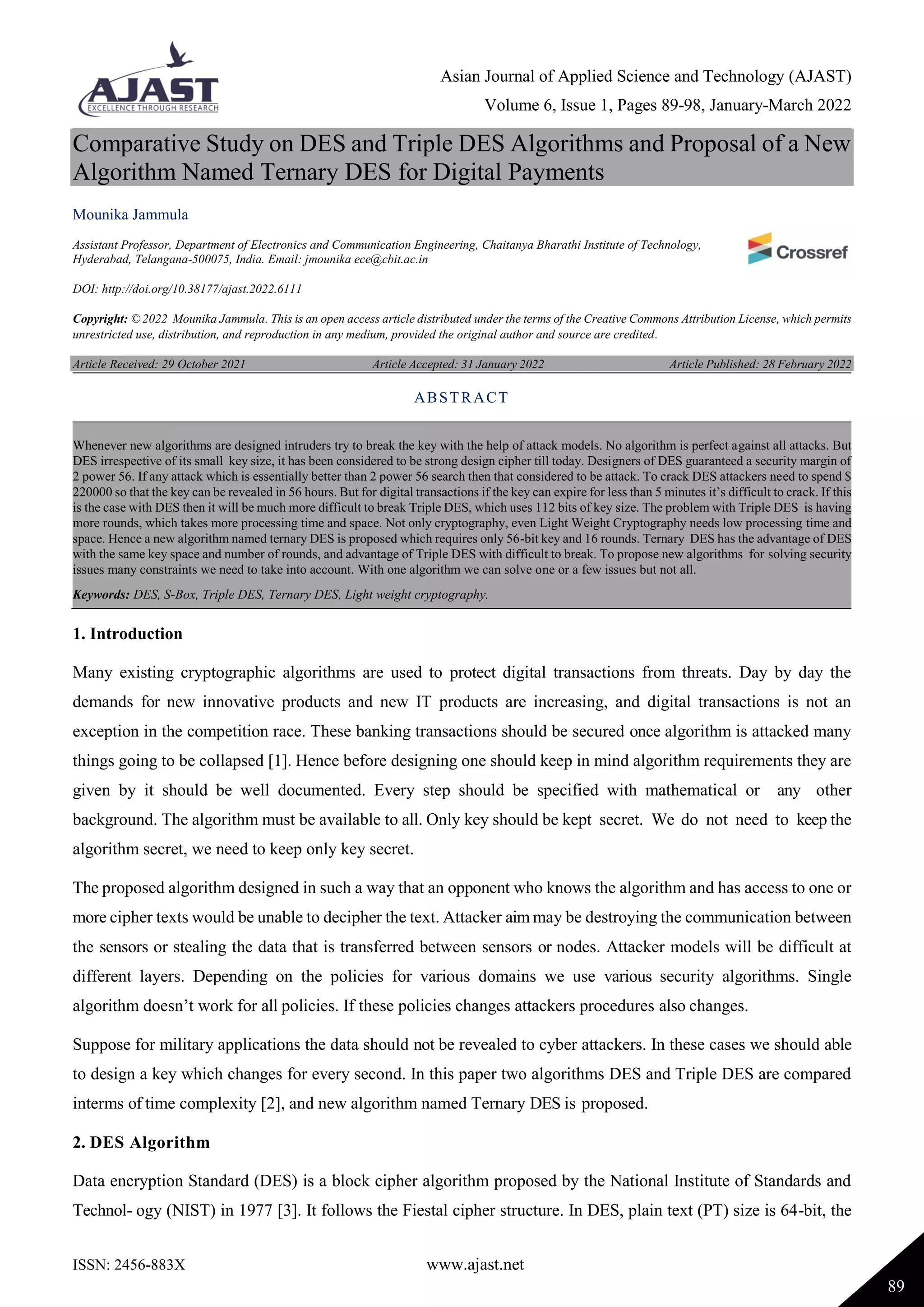 Comparative Study on DES and Triple DES Algorithms and Proposal of a New Algorithm Named Ternary ...