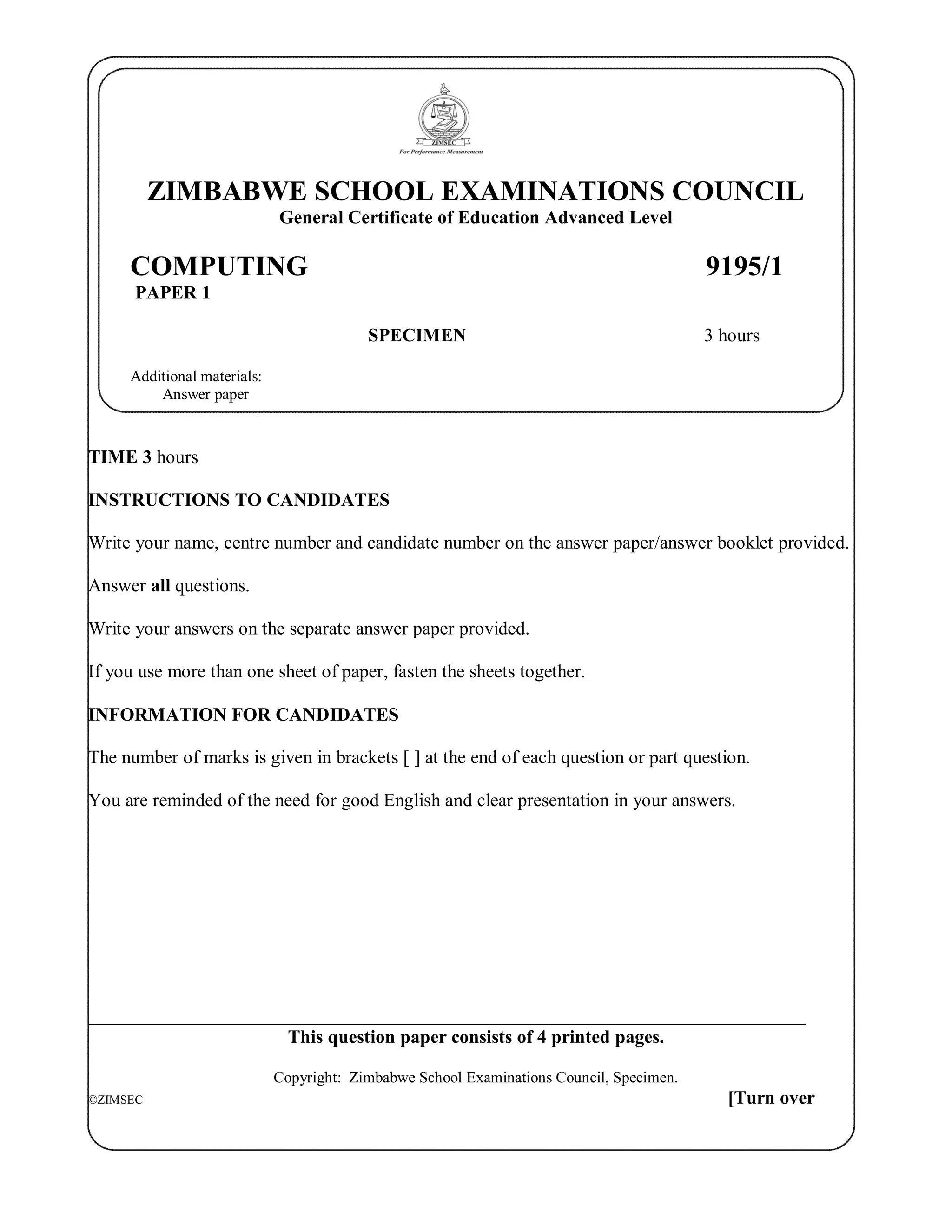 Zimbabwe School Examination Council Advanced Level Computing Paper 1 ...