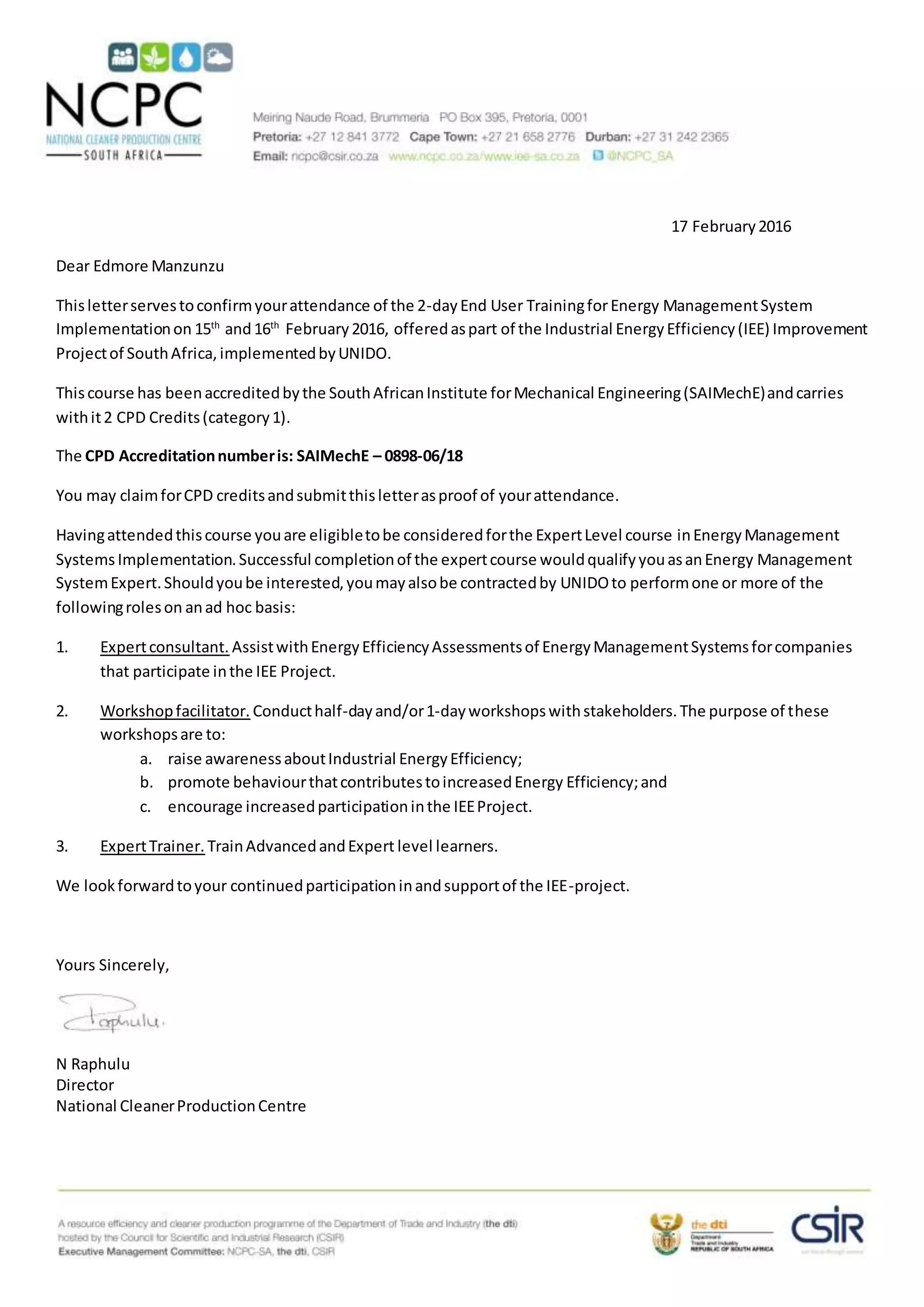 CPD Point Letter for Edmore Manzunzu | DOCX