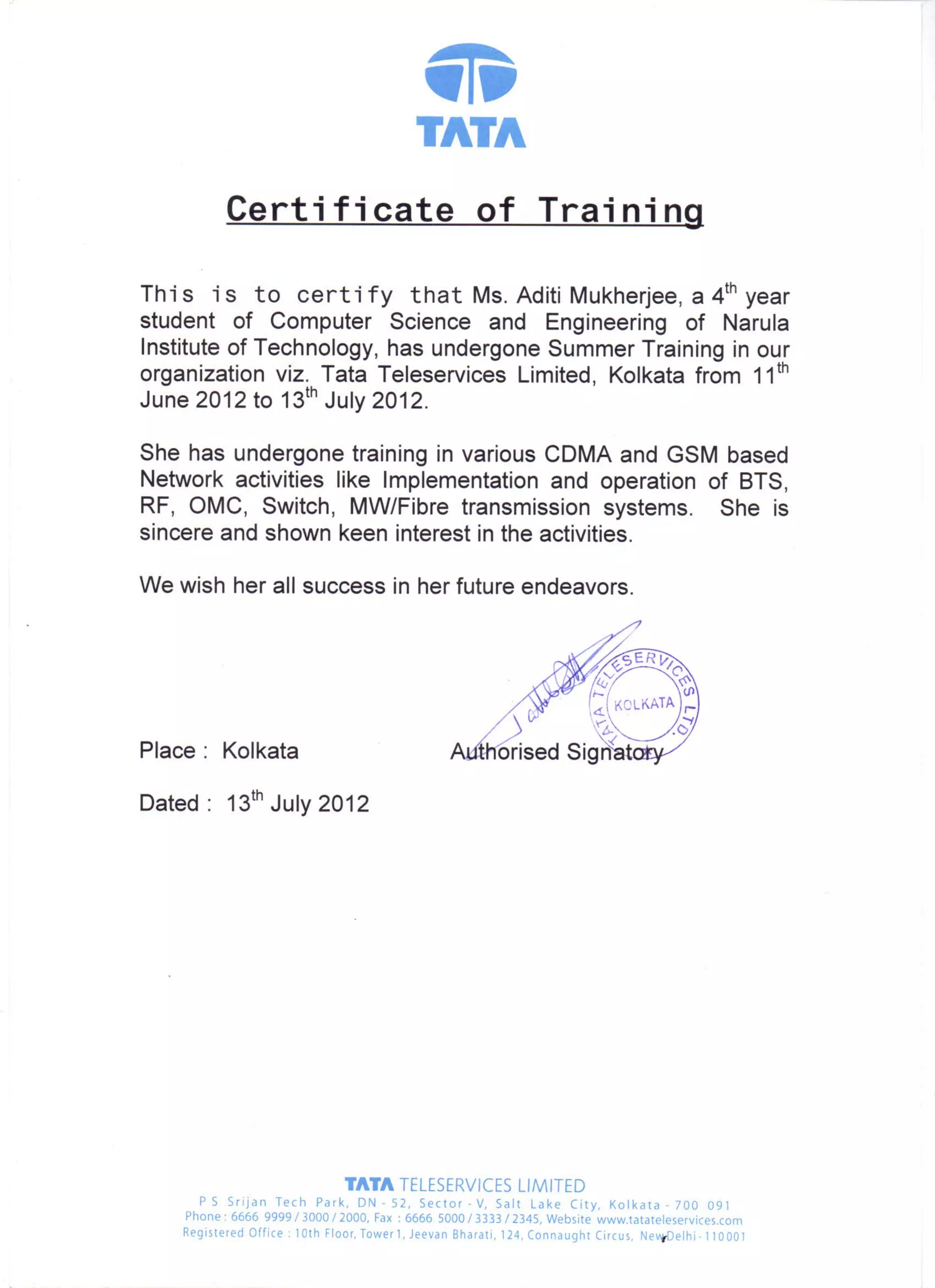 Tata Telesrevices Ltd Certificate | PDF