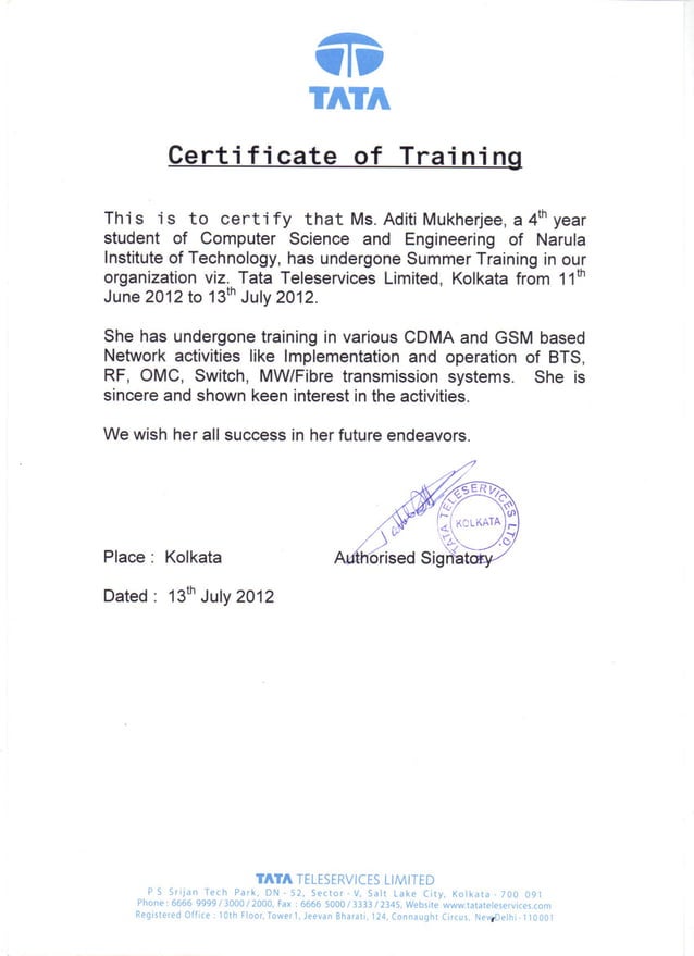Tata Telesrevices Ltd Certificate | PDF