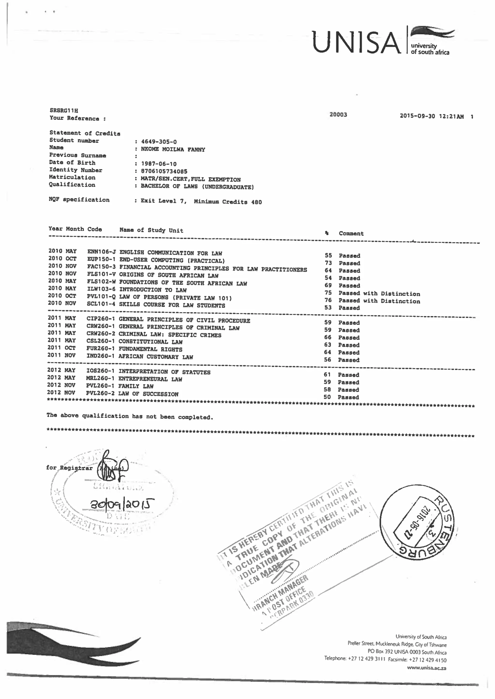 certified LLB results UNISA | PDF