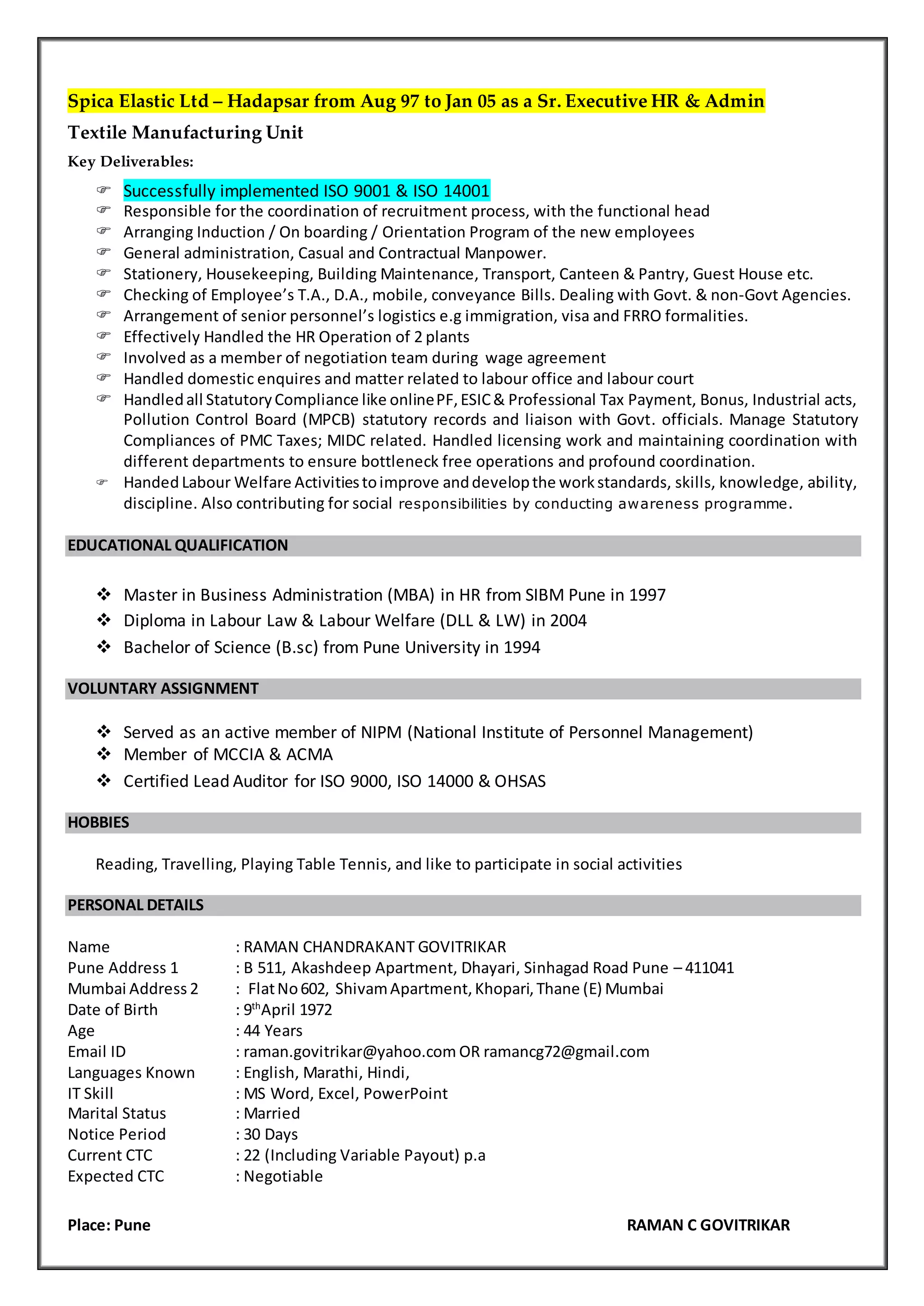 RAMAN RESUME - HR | PDF